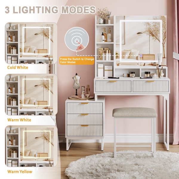Wrought Studio™ Makeup Vanity Desk With Mirror And Lights, Vanity Table ...