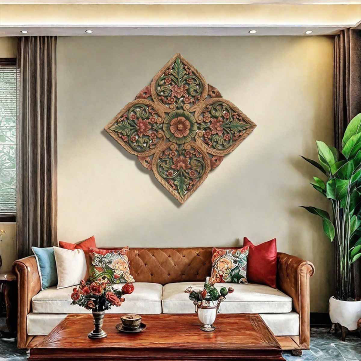 STONE DRAGON TILE ARTS LLC Teak Vintage Square Panel Openwork Carved ...