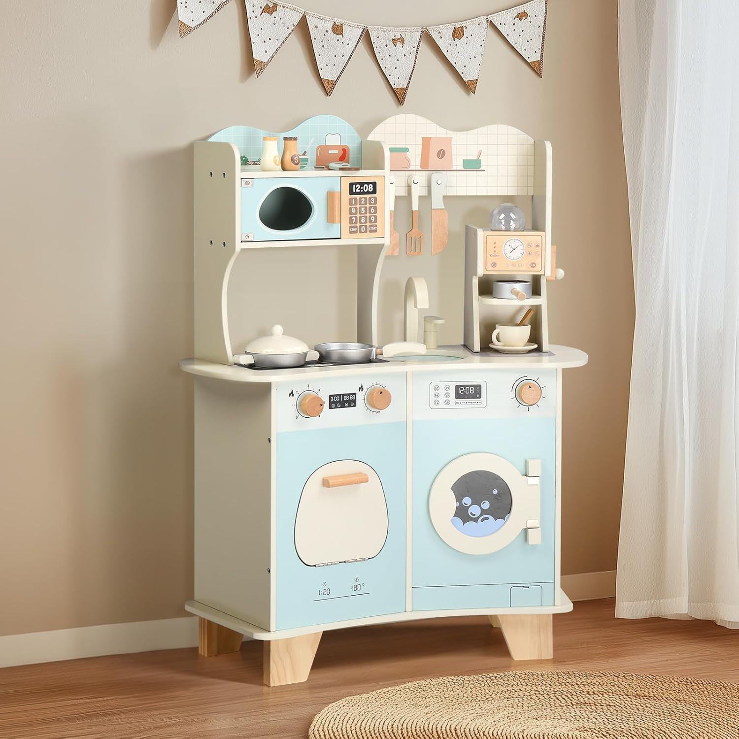 Winado Wooden Play Kitchen With Coffee Maker, Toy Washing Machine, Oven ...