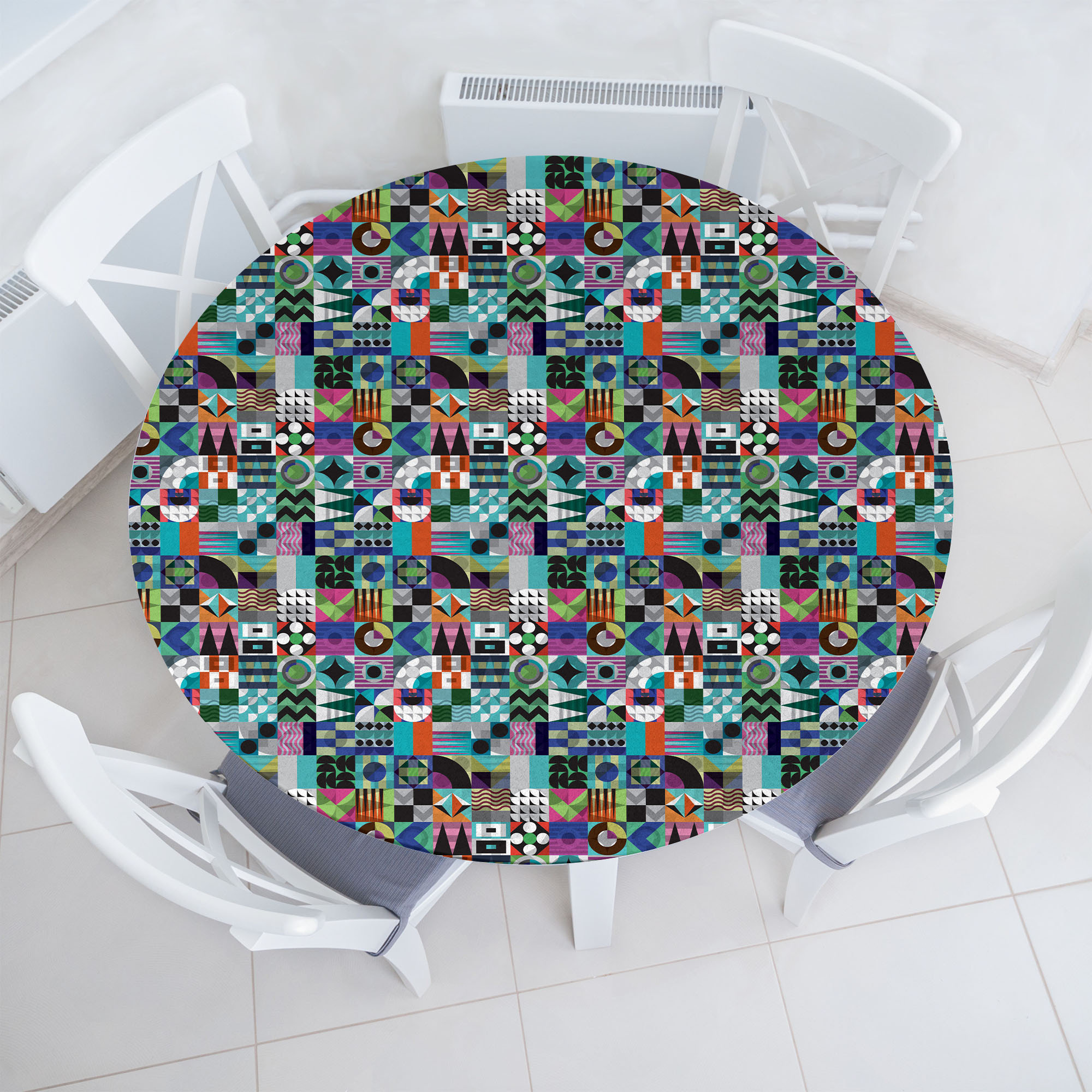 Ebern Designs Mid Century Fitted Round Tablecloth Diameter Multicolor ...