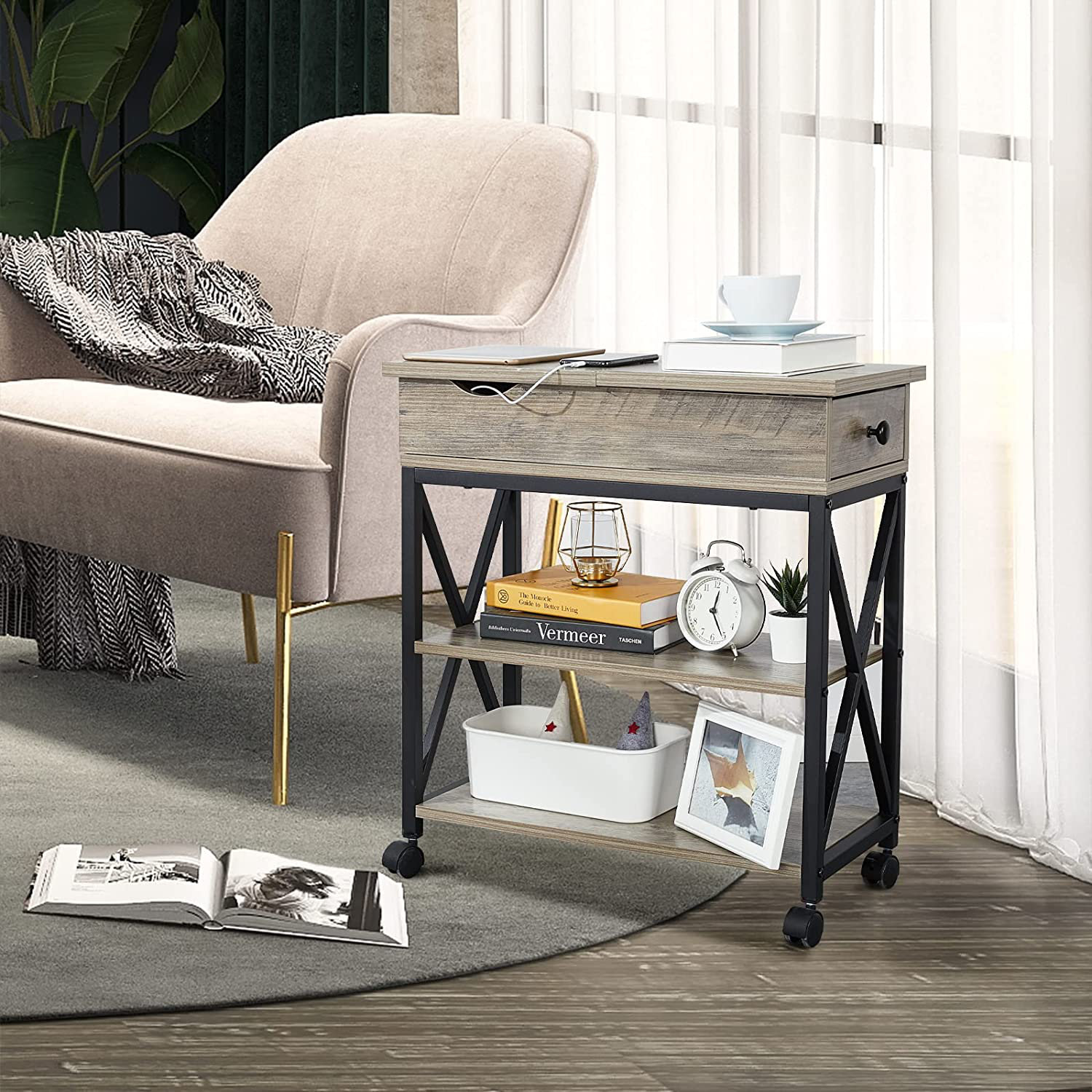 17 Stories Southview End Table with Charging Station Flip Top Side ...