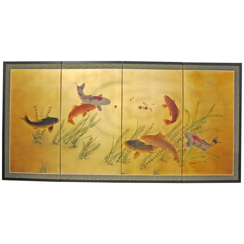 Oriental Furniture 36" x 72" Gold Leaf 7 Lucky Fish 4 Panel Room ...