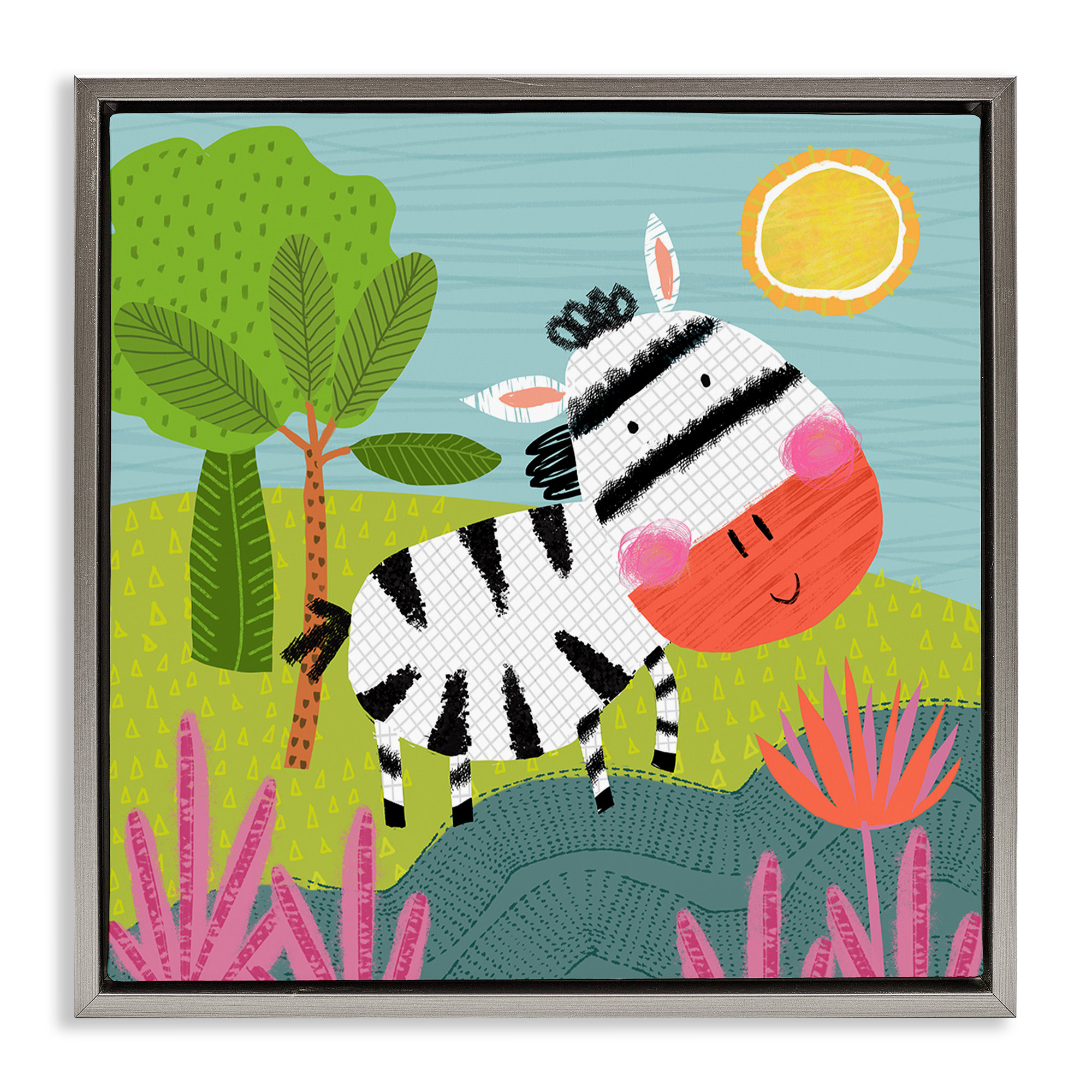 Indigo Safari Whimsical Zebra in Nature Framed Floater Canvas Wall Art ...