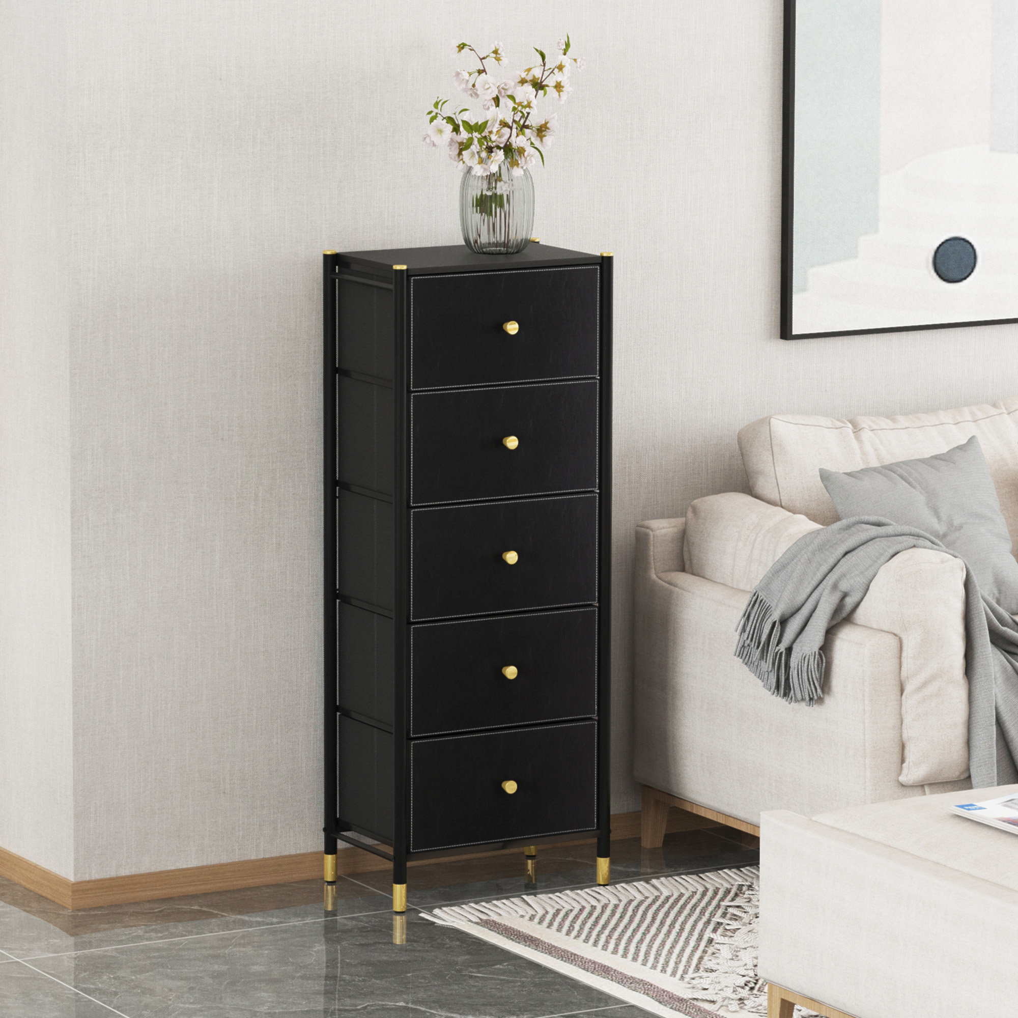 HLILish Drawer Dresser Cabinet, Tall Dresser With 5 PU Leather Front ...
