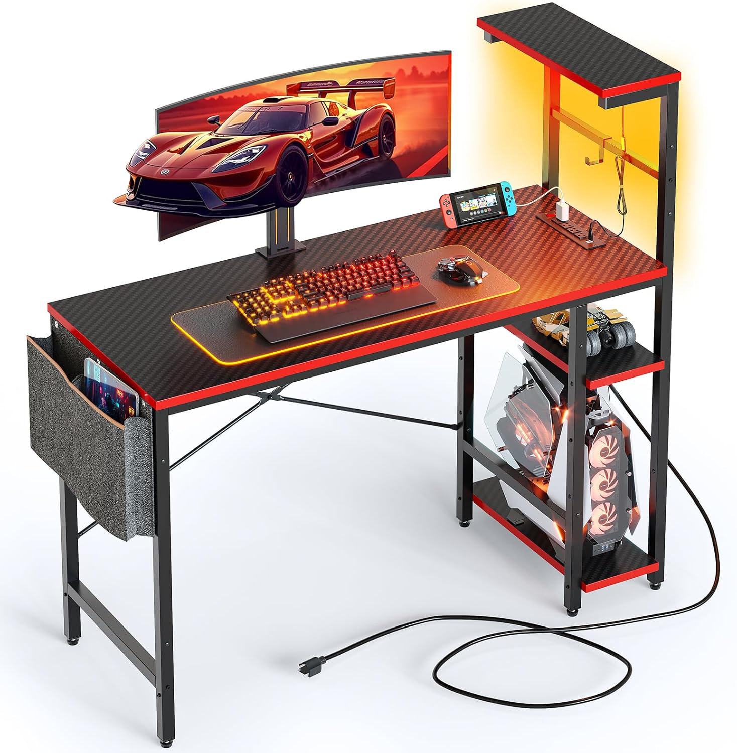 Inbox Zero Gaming Desk With Power Outlets, 44 Inch Led Gamer Desk With ...