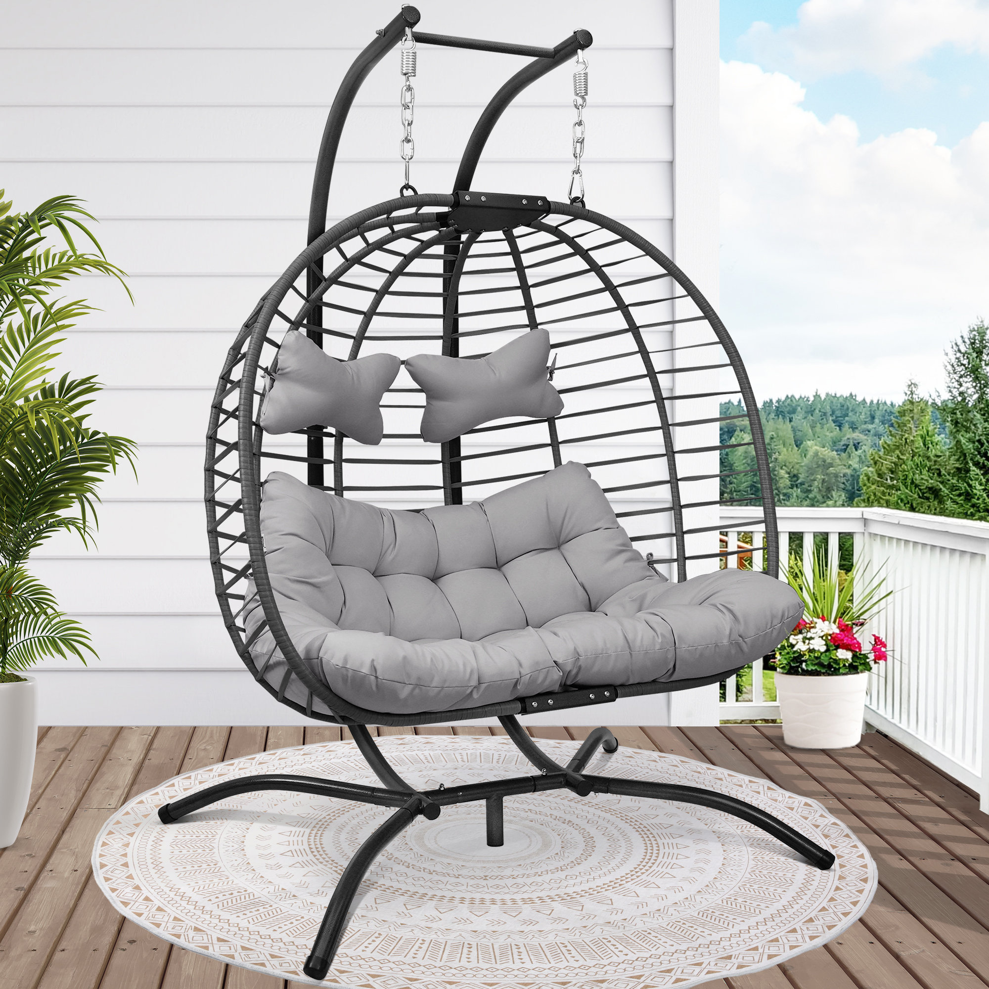 Dakota Fields Cyre 2 Person Porch Swing with Stand Indoor/Outdoor Egg ...