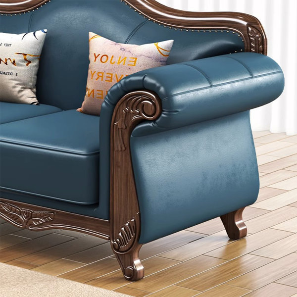 Romero American Country Retro Wood Leather Sofa 80.7'' Genuine Leather ...