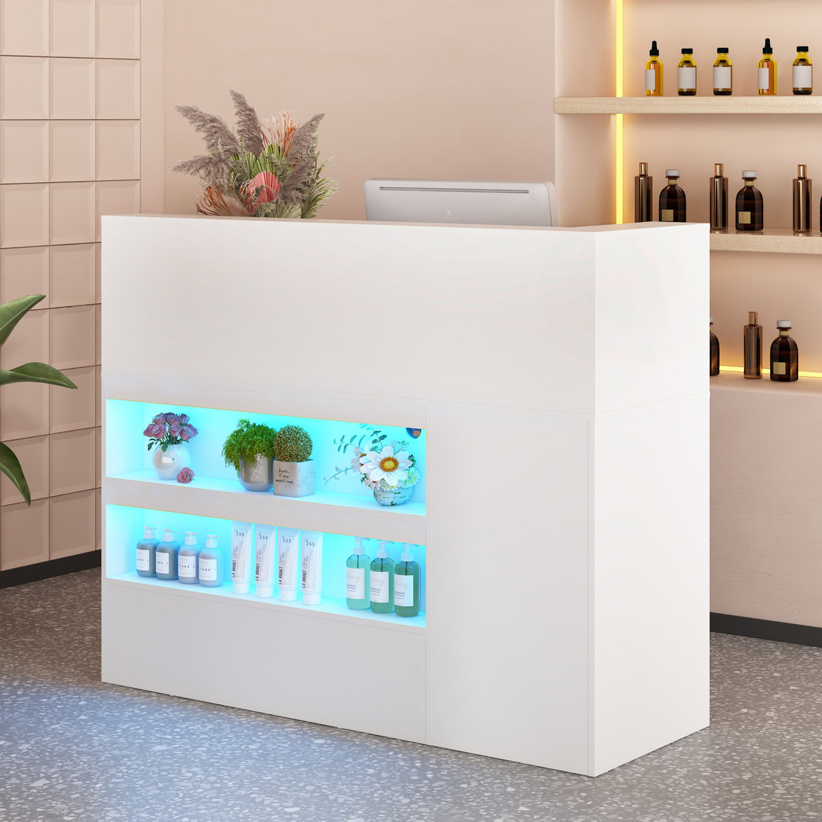 Wrought Studio 55'' W Reception Desk With LED Lights & Power Outlets, L ...