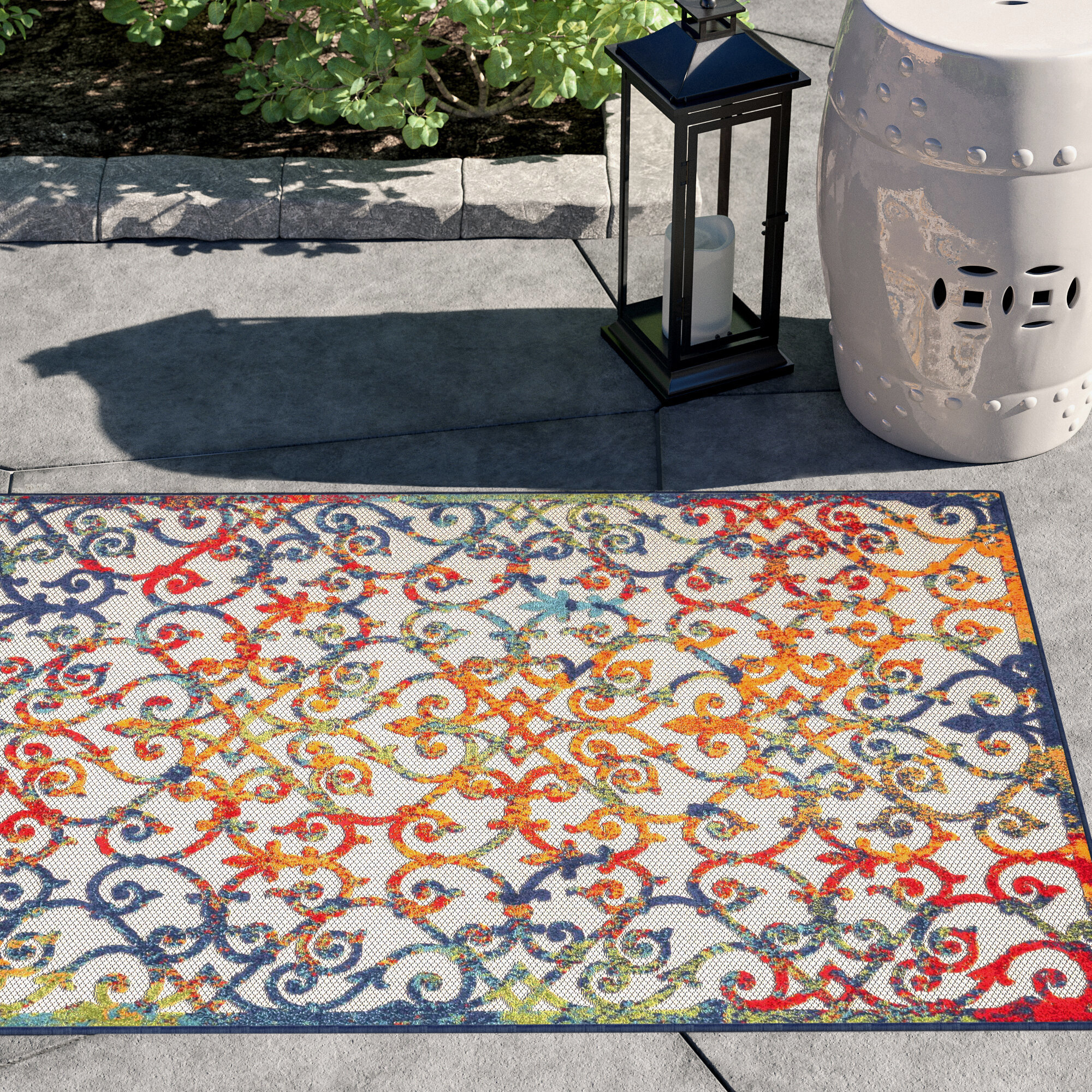 Freeport Park® Eaglin Abstract Indoor / Outdoor Area Rug in Ivory/Blue ...