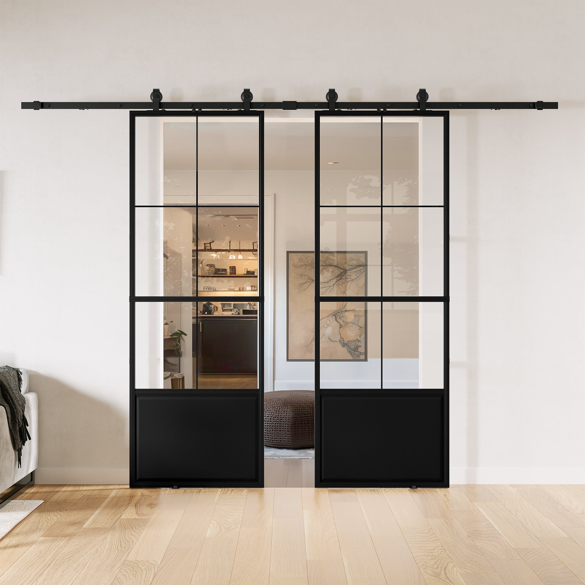 DoorFusion Metal and Glass Double Barn Doors with Hardware Kit (Soft ...