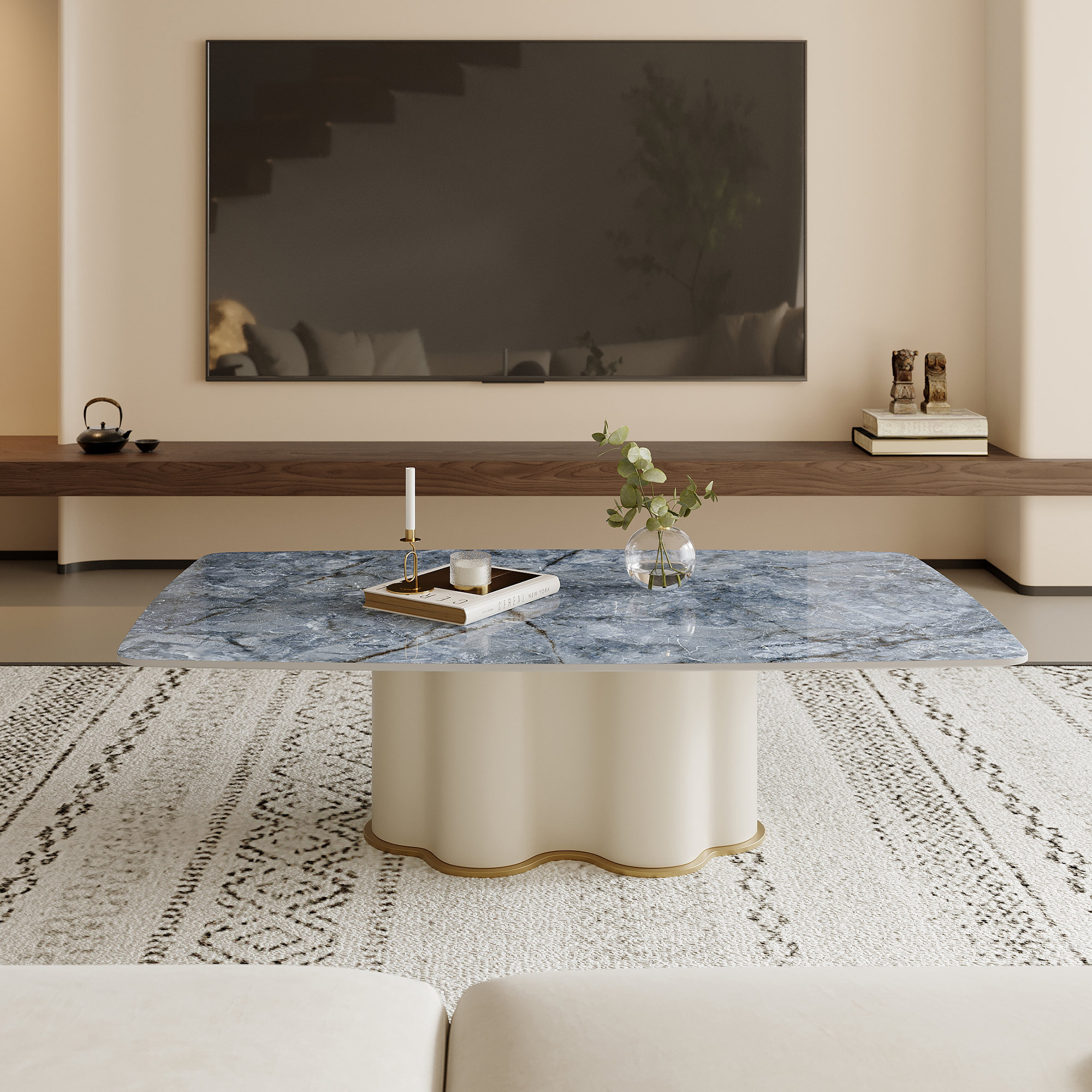 Everly Quinn 51.21'' Blue Marble Coffee Table, Large Rectangle Coffee ...