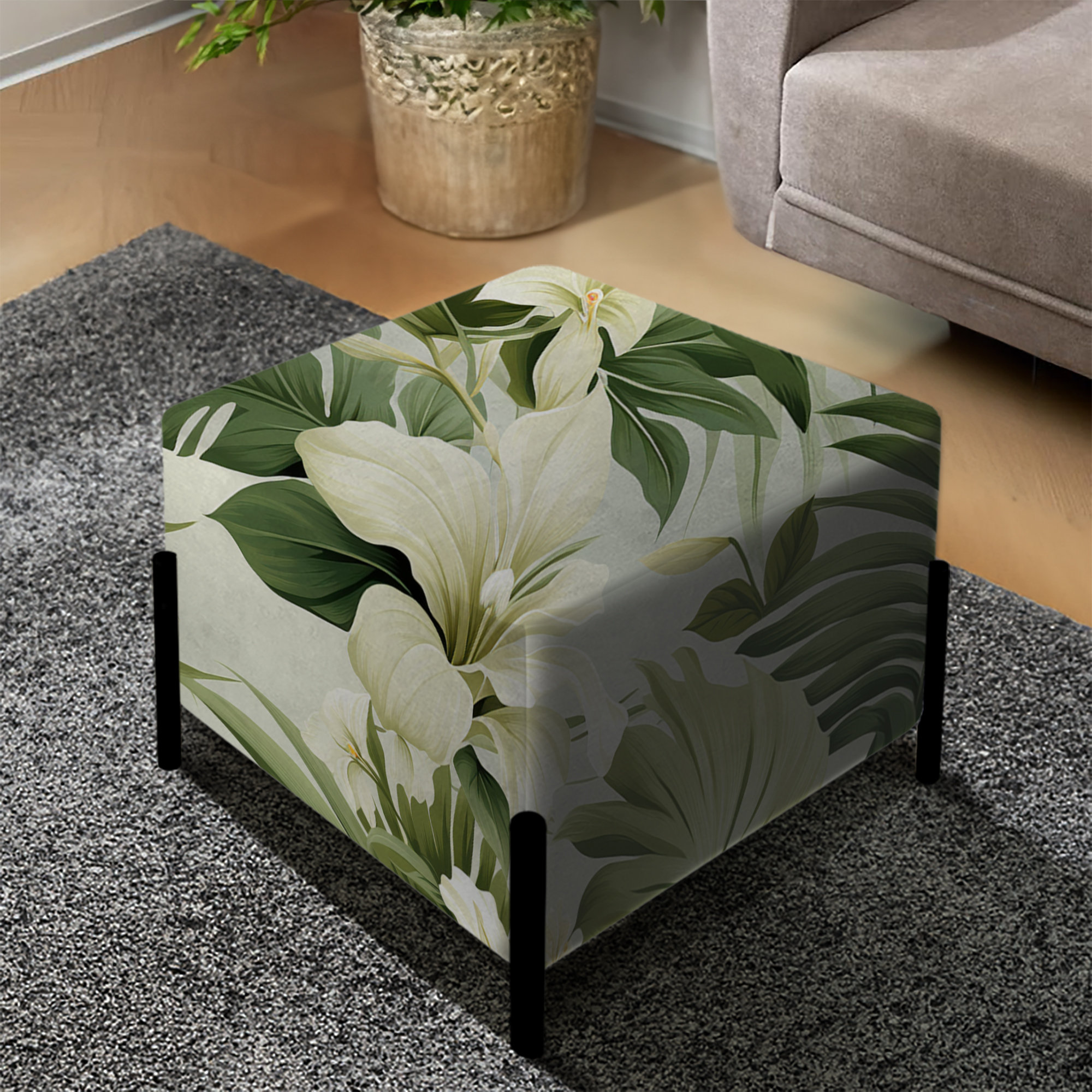 Design Art Neutral Oasis Iii Tropical Pattern - Tropical Square Ottoman ...