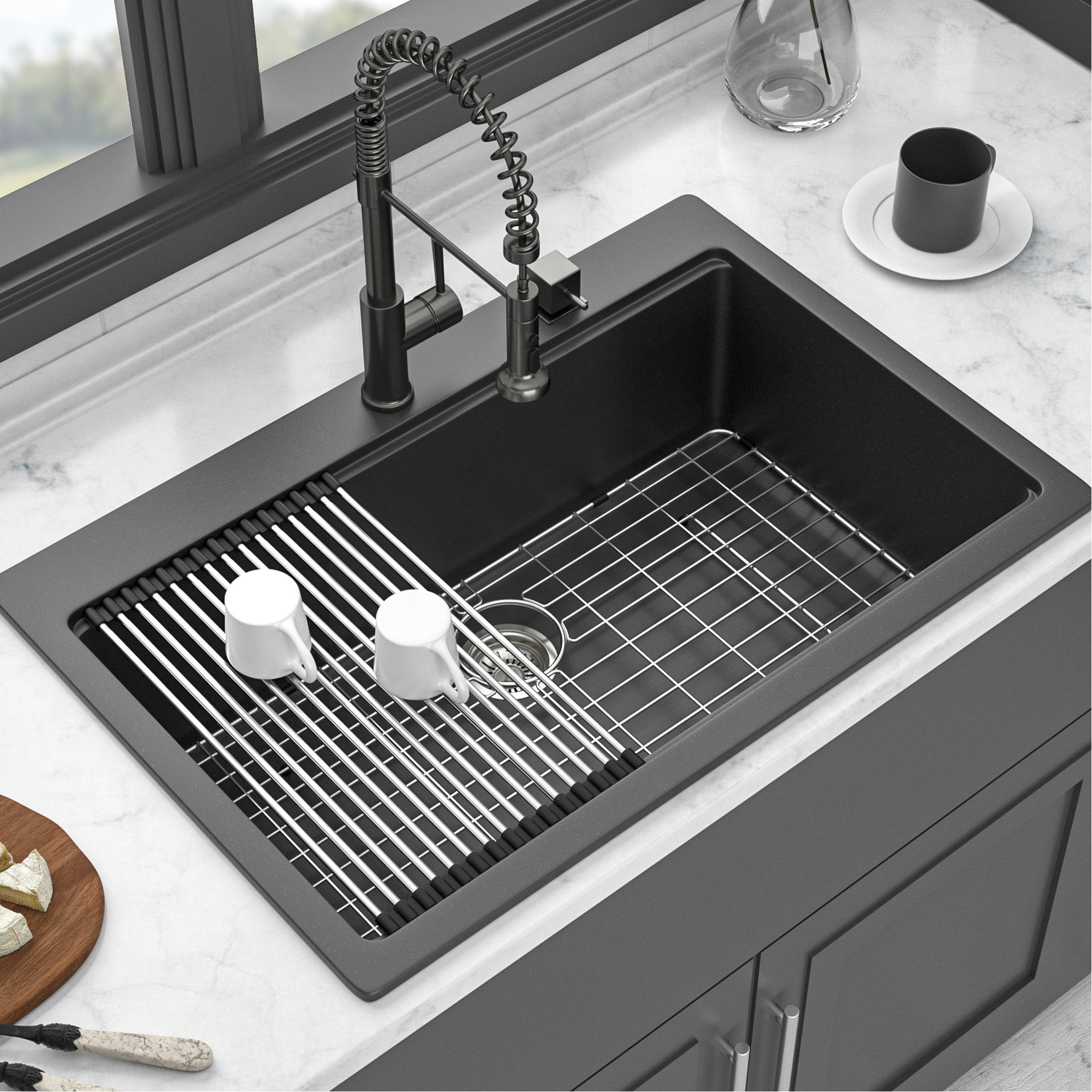 DuskDreams 33X22" Black Quartz Drop - In Workstation Kitchen Sink ...