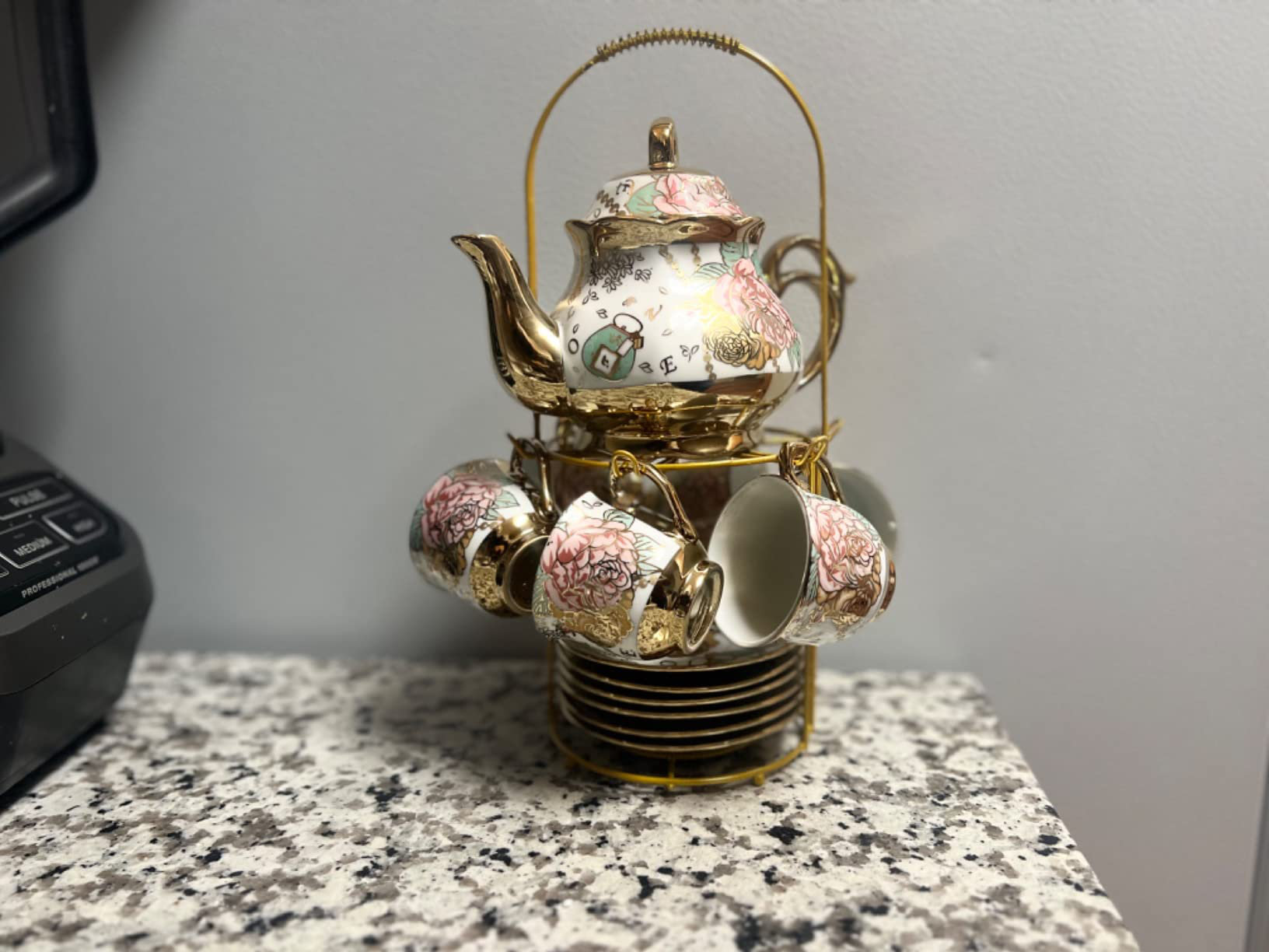 House of Hampton® Pink Flower Vintage Tea Set with Teapot Gold Plated Rose Ceramic Tea Set | Wayfair