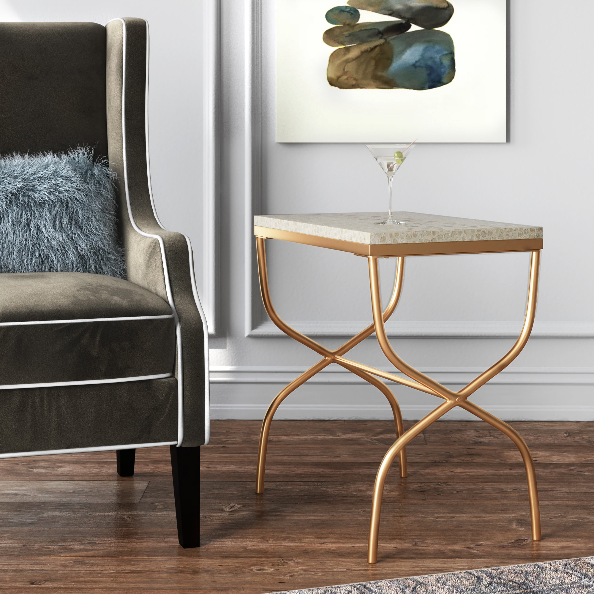 Everly Quinn 25.5" Tall Capiz Fish Shell Gold Cross Legs End Table ...