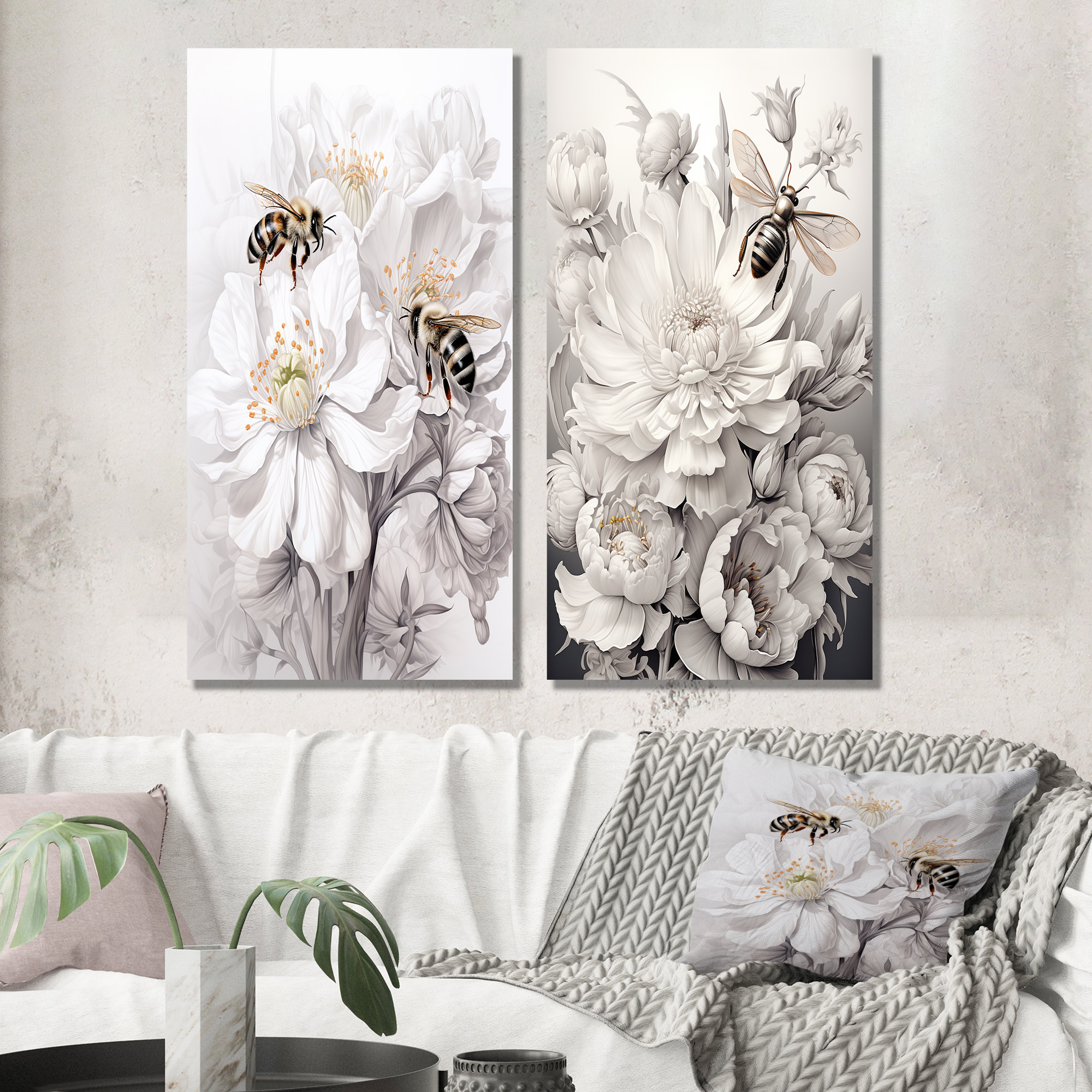 August Grove® White And Black Buzzing Bees Flowers I - Insects & Bugs ...