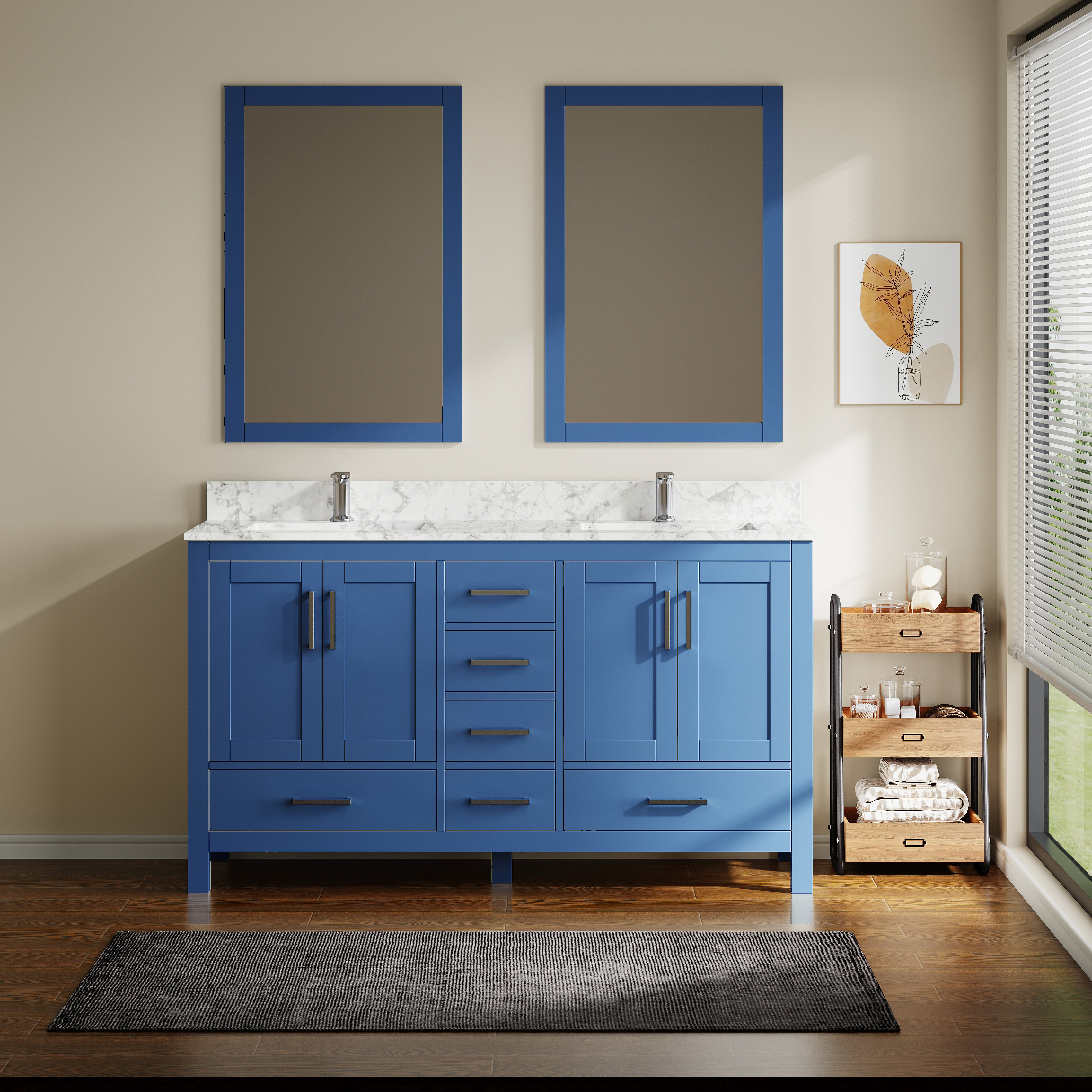 Hokku Designs 60'' Blue Double Bathroom Vanity With Solid Surface Top ...