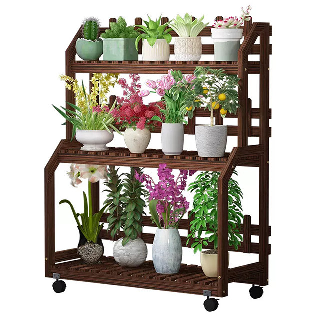 Arlmont & Co. Rolling Flower Rack Wood Plant Stand with Wheels, 3-Tier ...