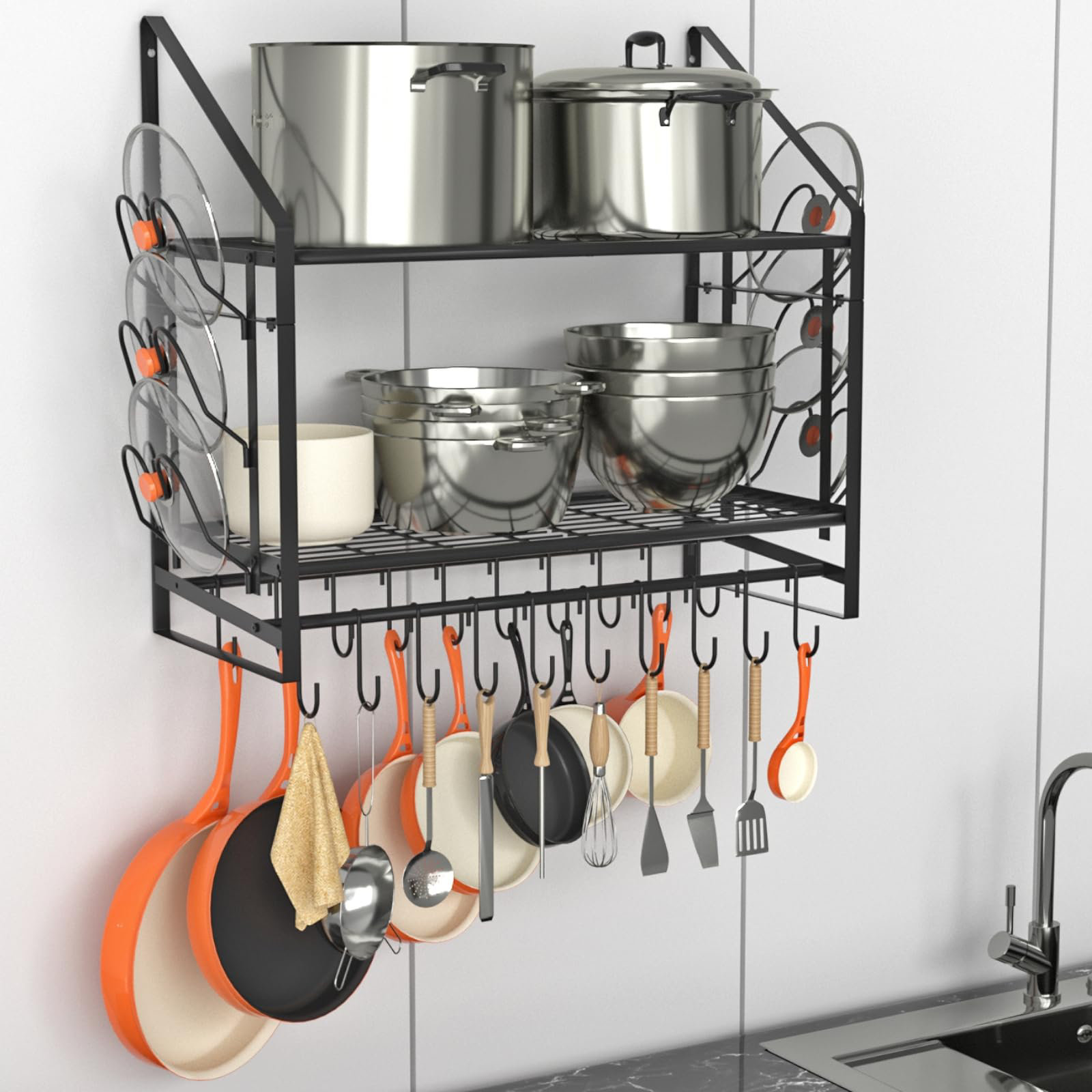 Mint Pantry® 35" Double-Layer Steel Wall-Mounted Pot Rack With 20 Hooks ...
