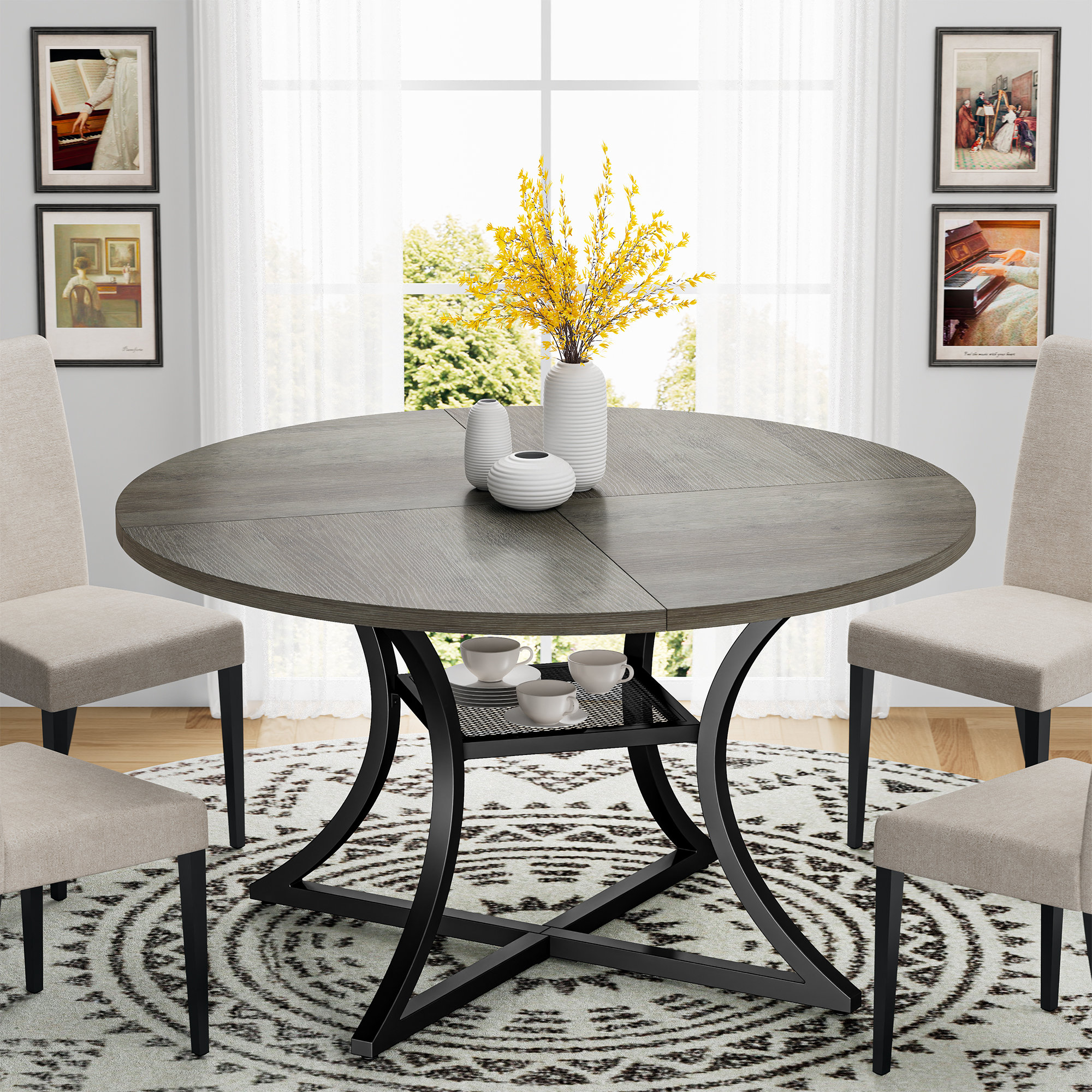 17 Stories 47.2" Round Dining Table With Storage Shelf, Wooden Tabletop ...