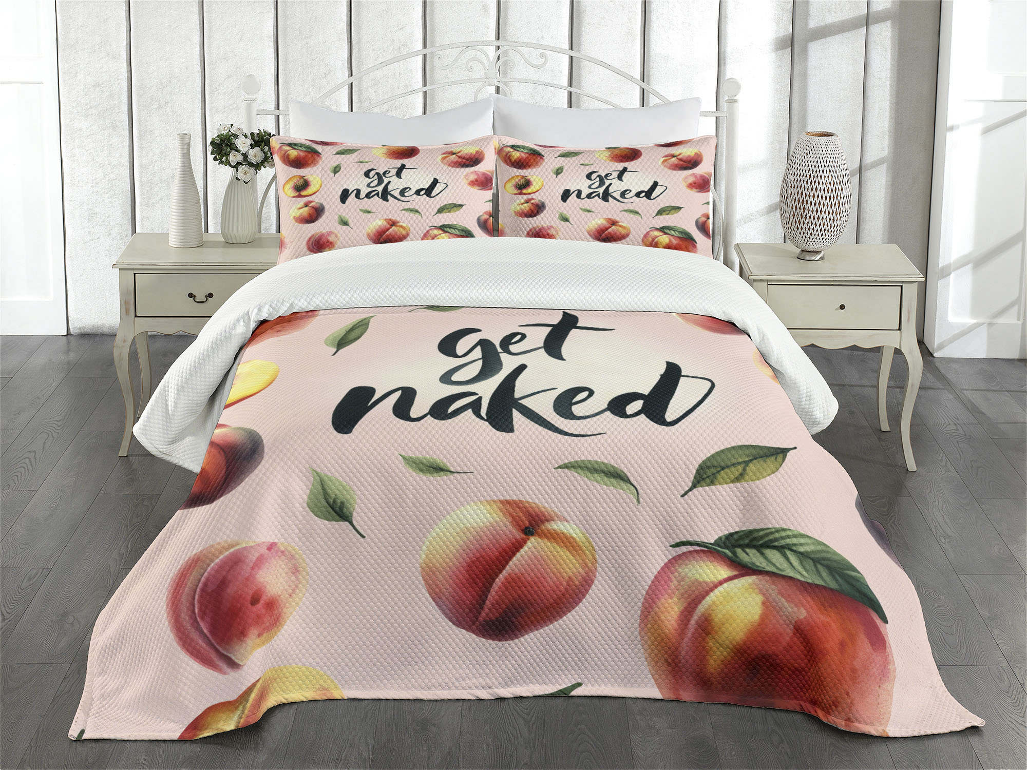 Ambesonne Peach Bedspread Set 3 Pcs Get Naked and Playful Fruit King ...
