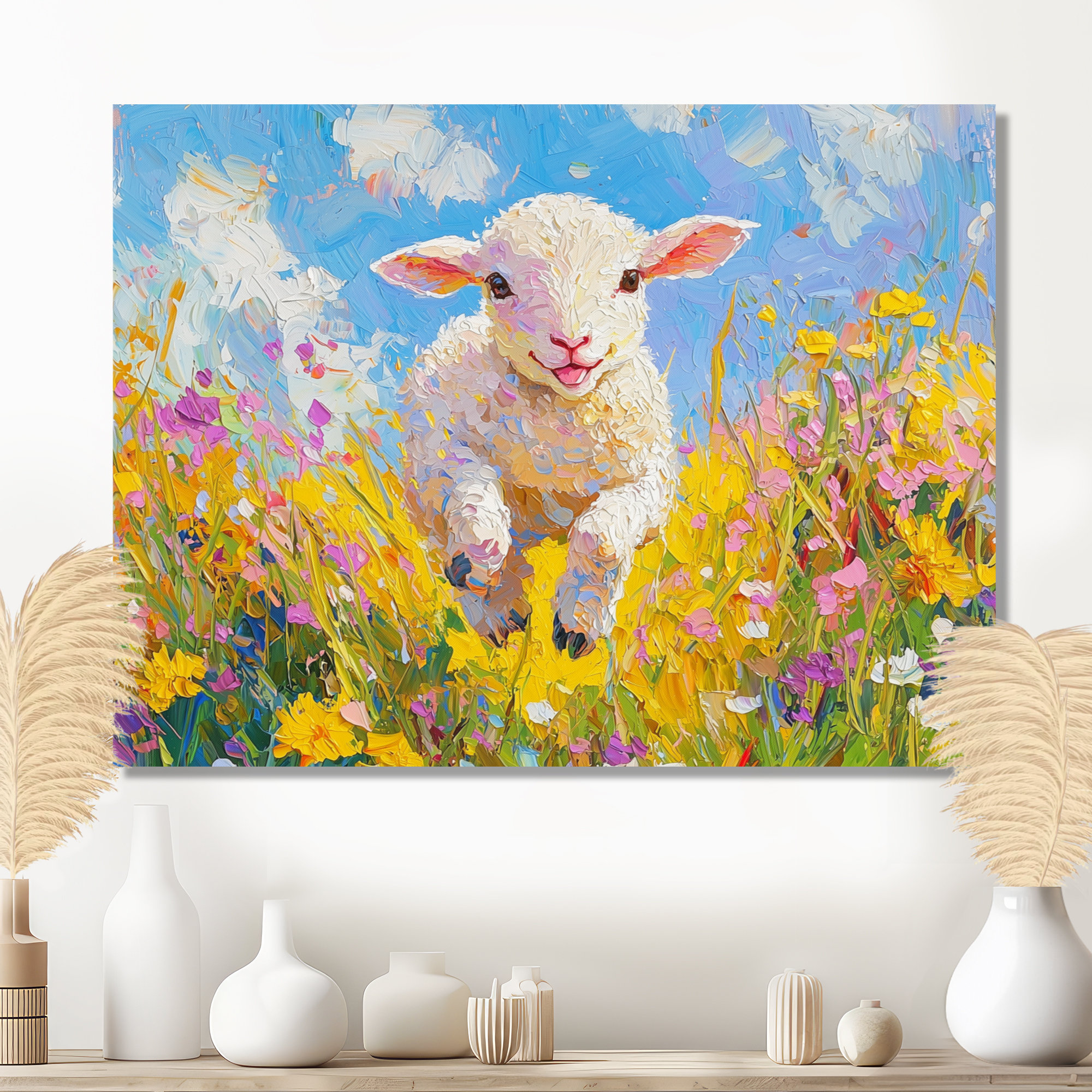 Design Art Cute Spring Lamb Having Fun At The Barn - Modern Metal Art ...