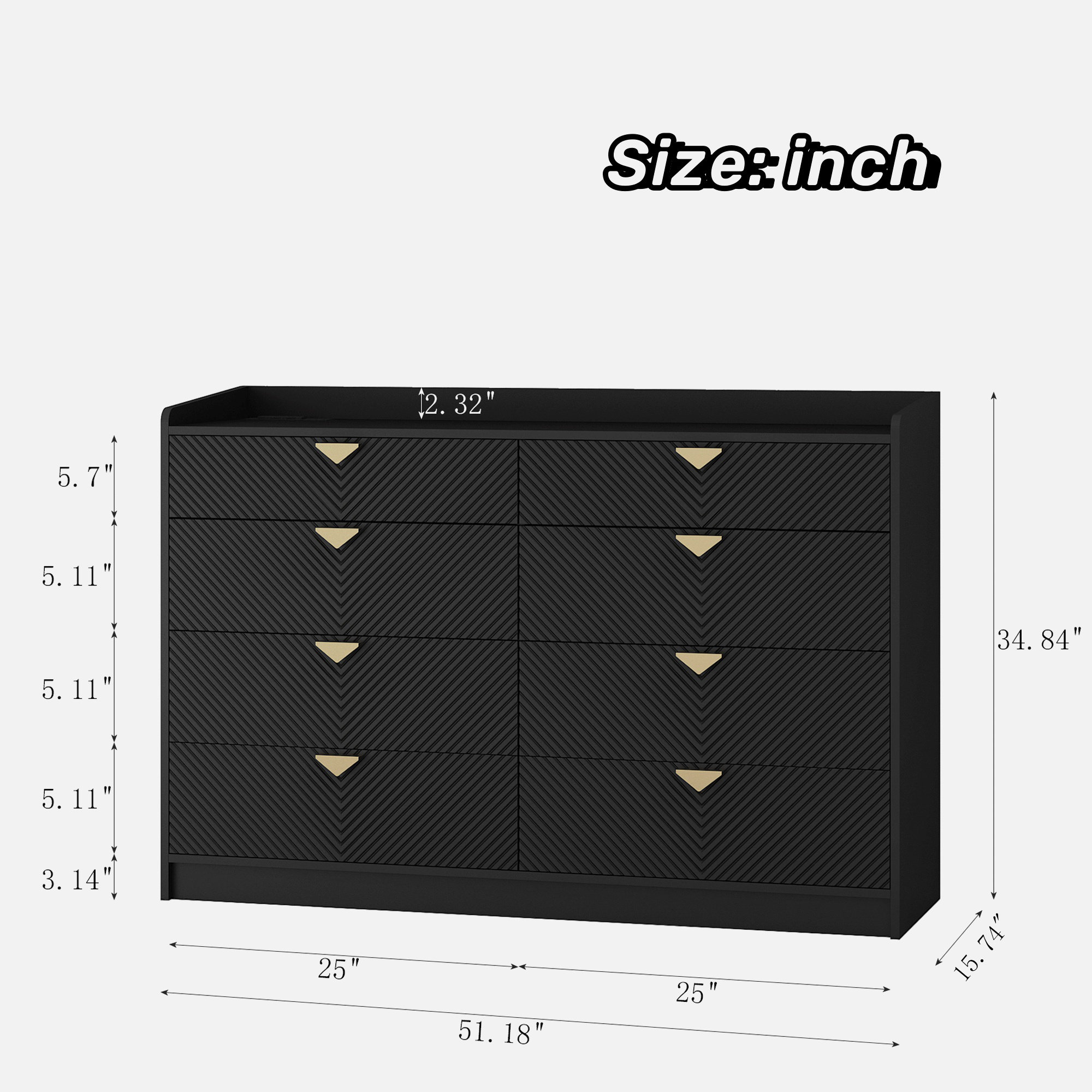 Mercer41 Modern Dresser With 8 Drawers, Led Light, Wavy Fluted Panels ...