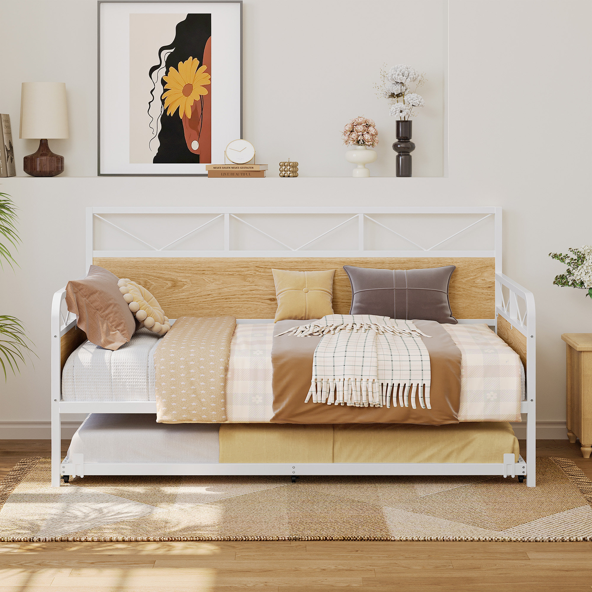 17 Stories Lit de jour avec couchette en métal de style industriel avec ...