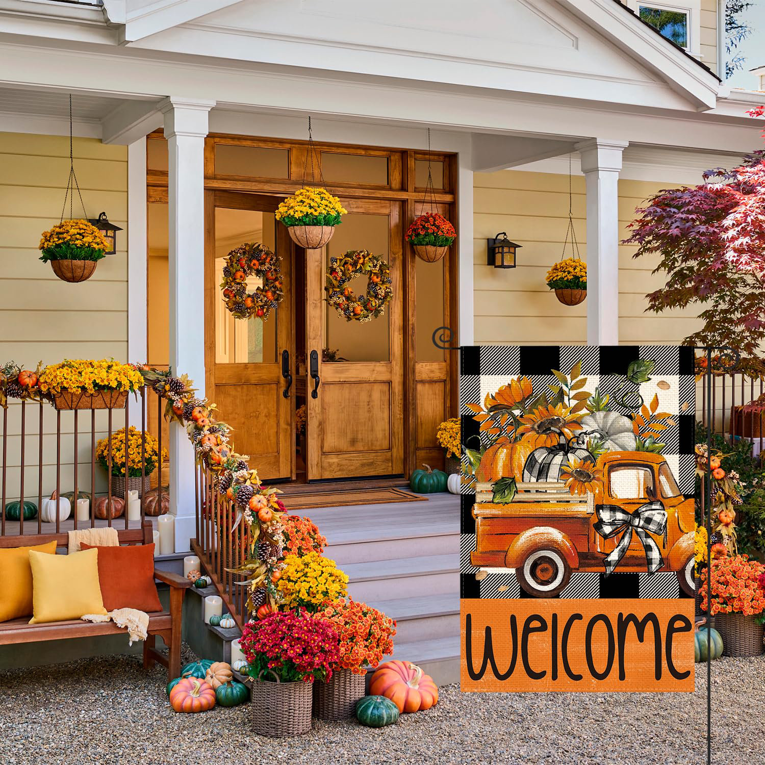 August Grove® Buffalo Plaid Autumn Pumpkins Truck Fall Garden Flag ...