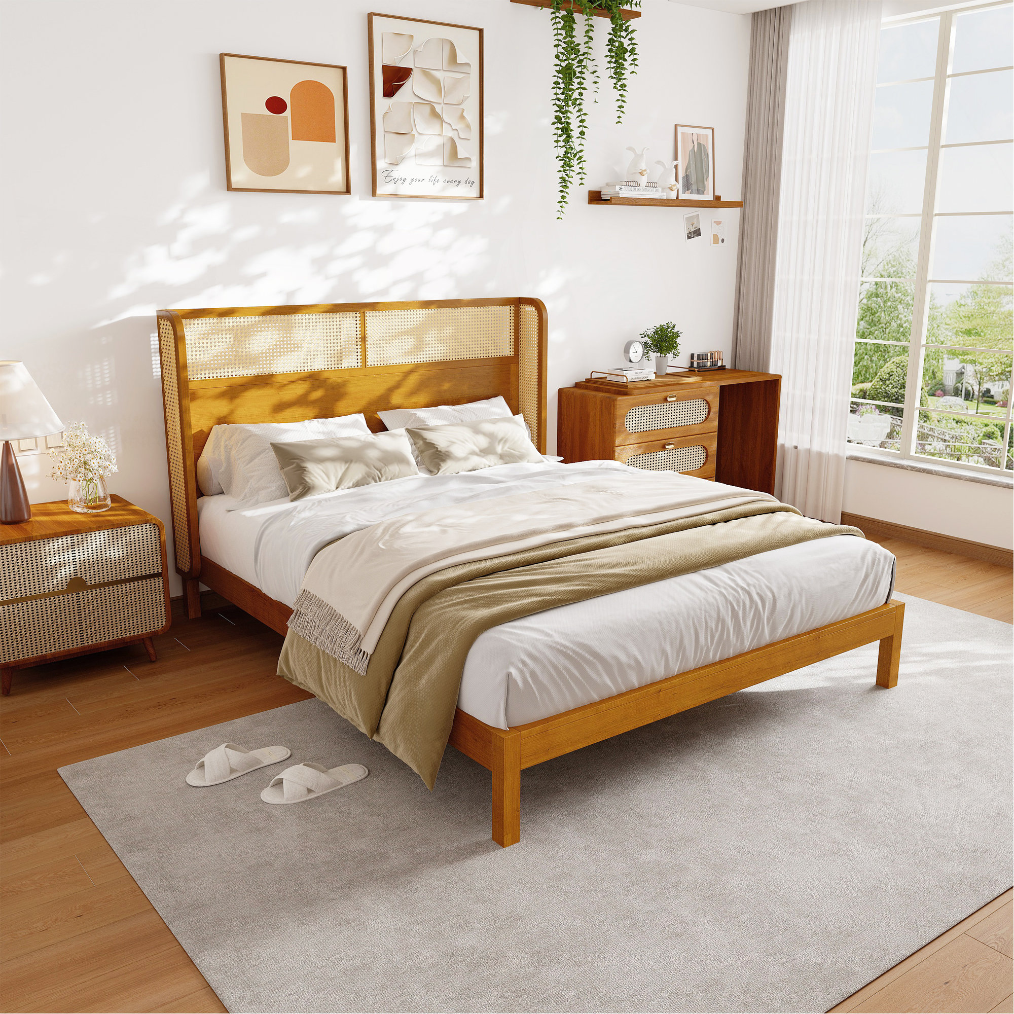 George Oliver Premium Rubber Wood Platform Bed Frame, Queen Bed Frame ...