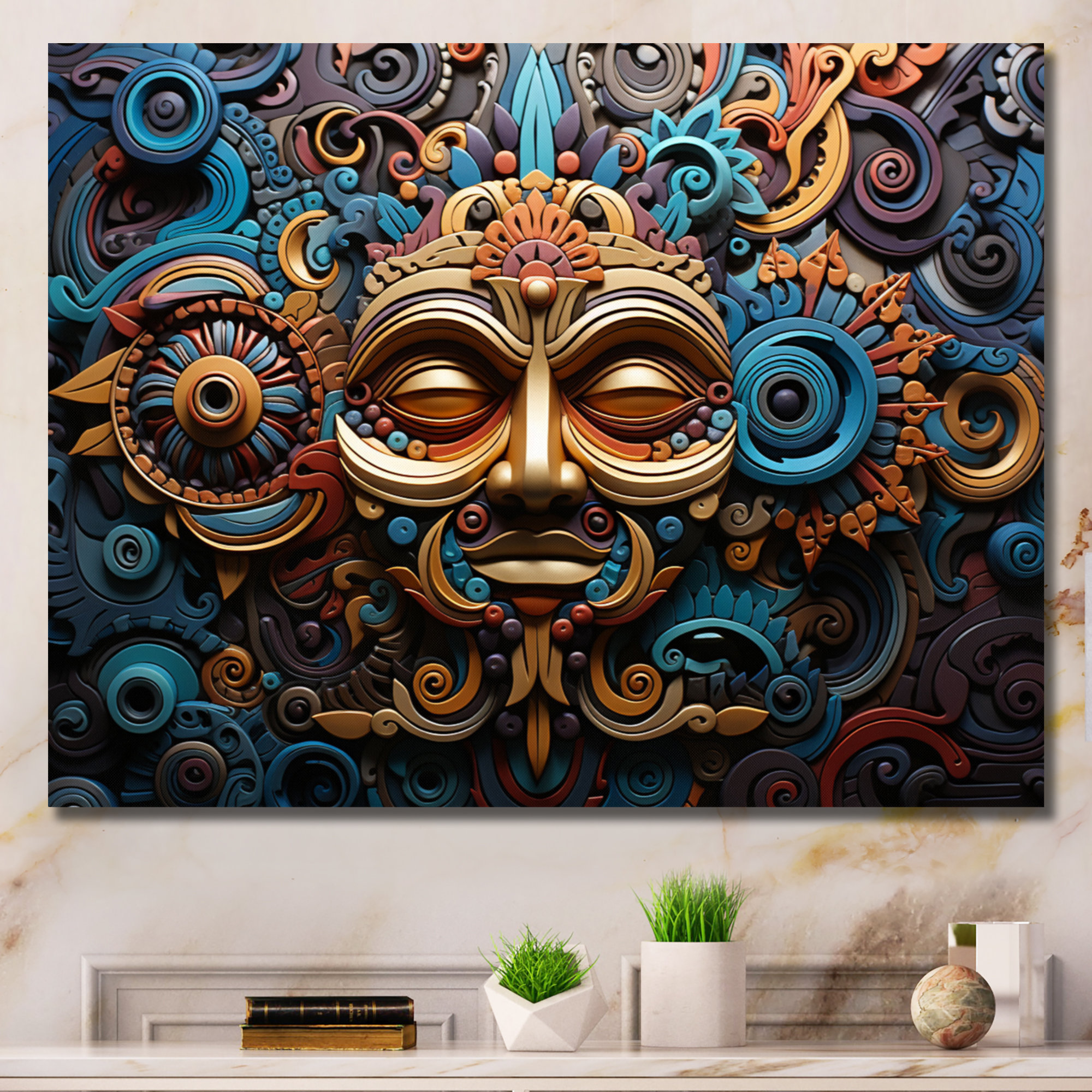 Bungalow Rose Teal Gold Mexico Vibrant Aztec Mask I - Mexico Canvas ...