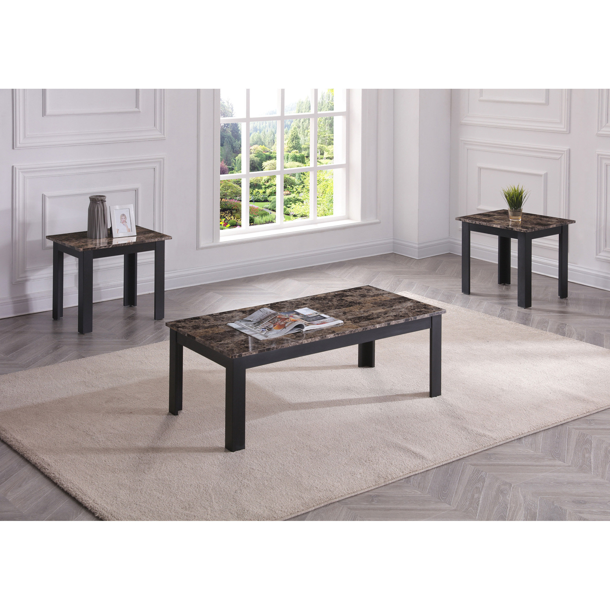 Brayden Studio® White Black 3-Piece Living Room Table Set Faux Marble ...