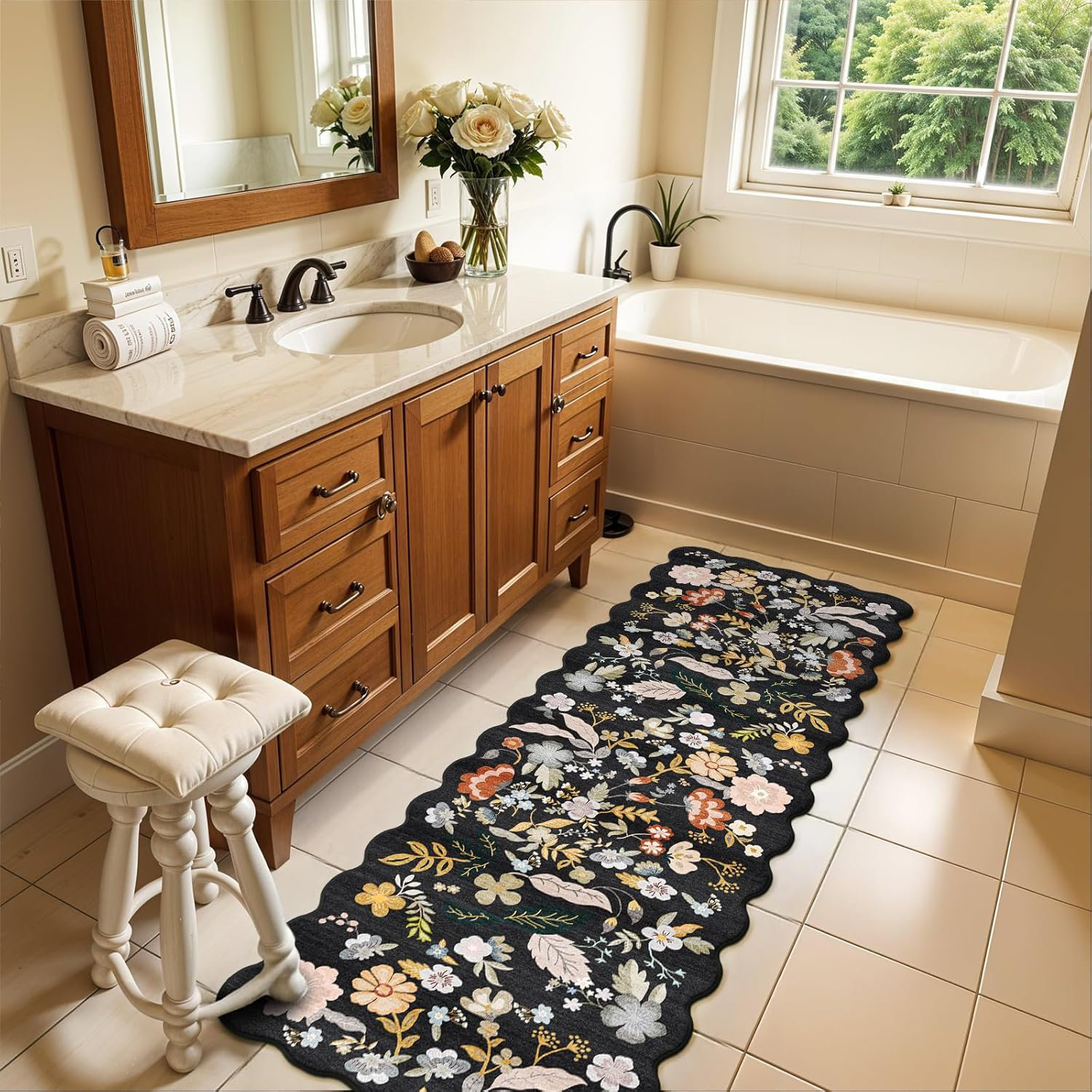 Winston Porter Hallway Runner Rug Washable: Extra Long Floral Scalloped ...