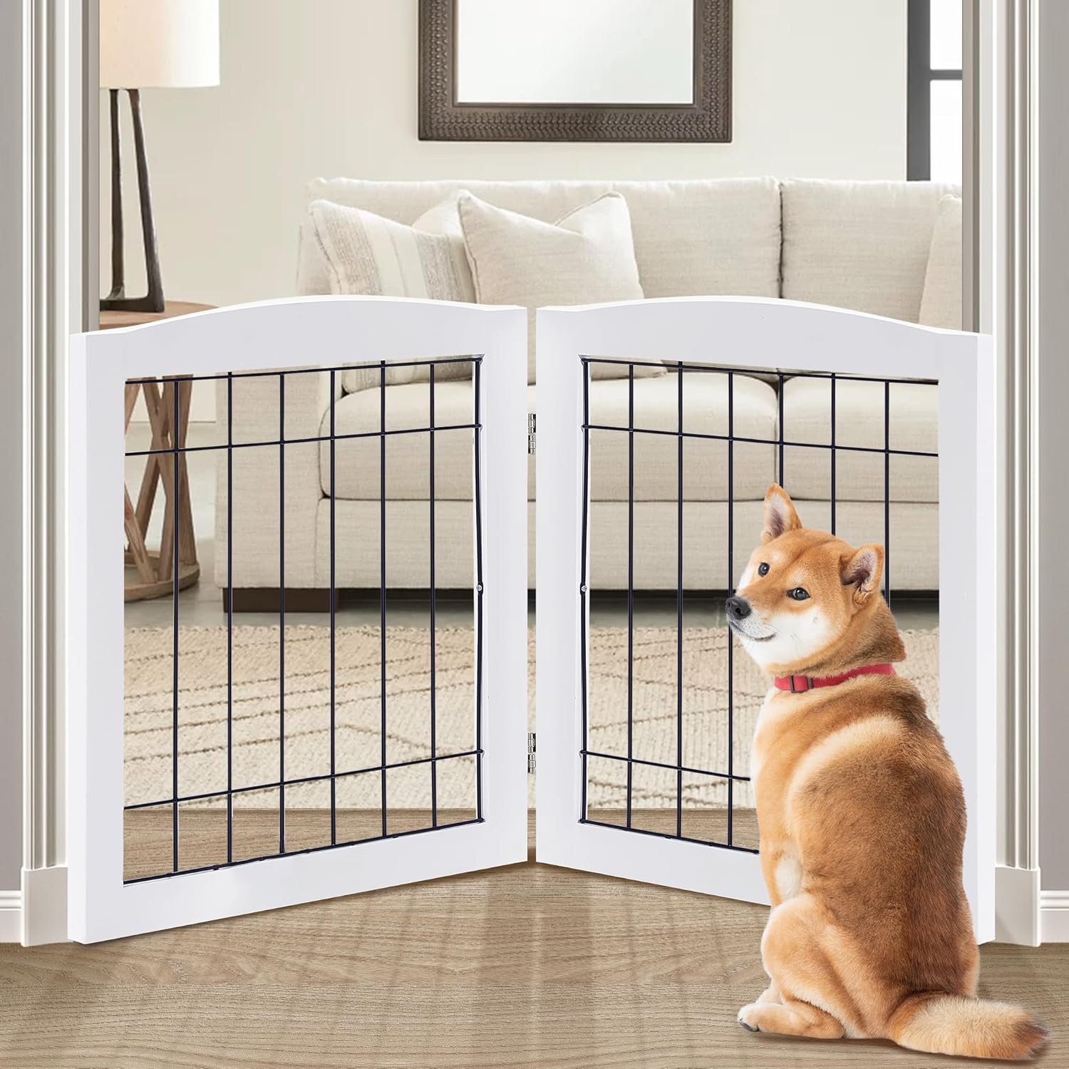 HIBAMSTOR 2-Panel Freestanding Foldable Wood Dog Gate – Solid Wood ...