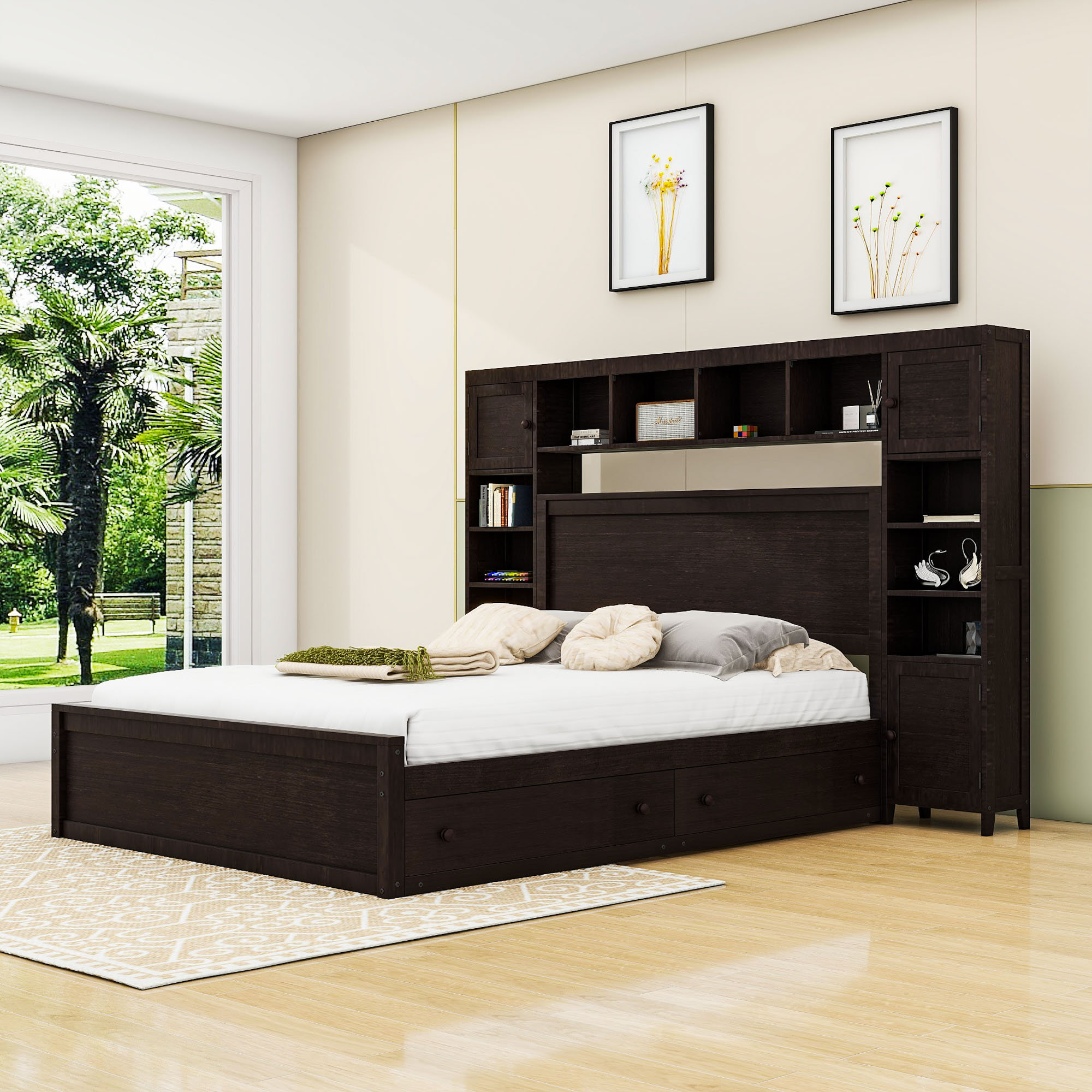 Red Barrel Studio Queen Wooden Platform Bed With 4 Drawers and Cabinets ...