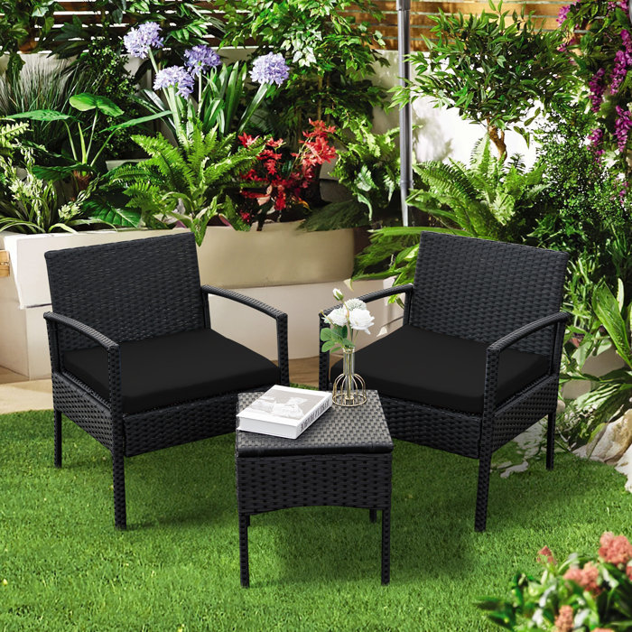 Ebern Designs 2-Person Patio Bistro Rattan Chair & Table Set with ...