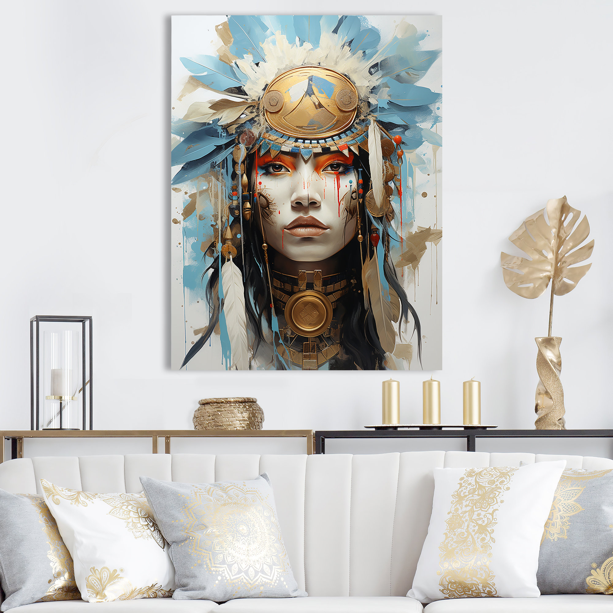 Design Art Gold And Blue Native Woman Portrait On Canvas Print | Wayfair
