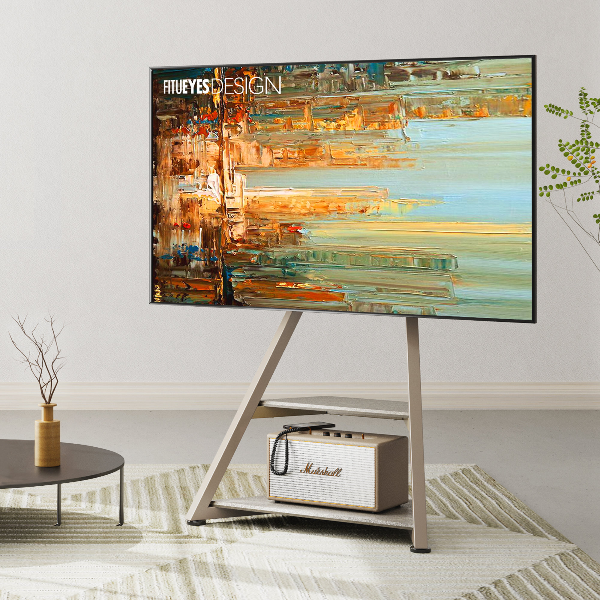 Fitueyes Corner TV Stand with 2 Wooden Shelves Rolling TV Cart For 32 ...