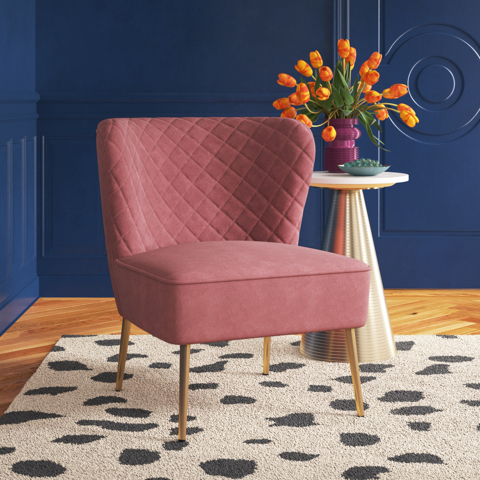 Etta Avenue™ Tru 25" Wide Quilted Velvet Side Chair with Gold Legs ...