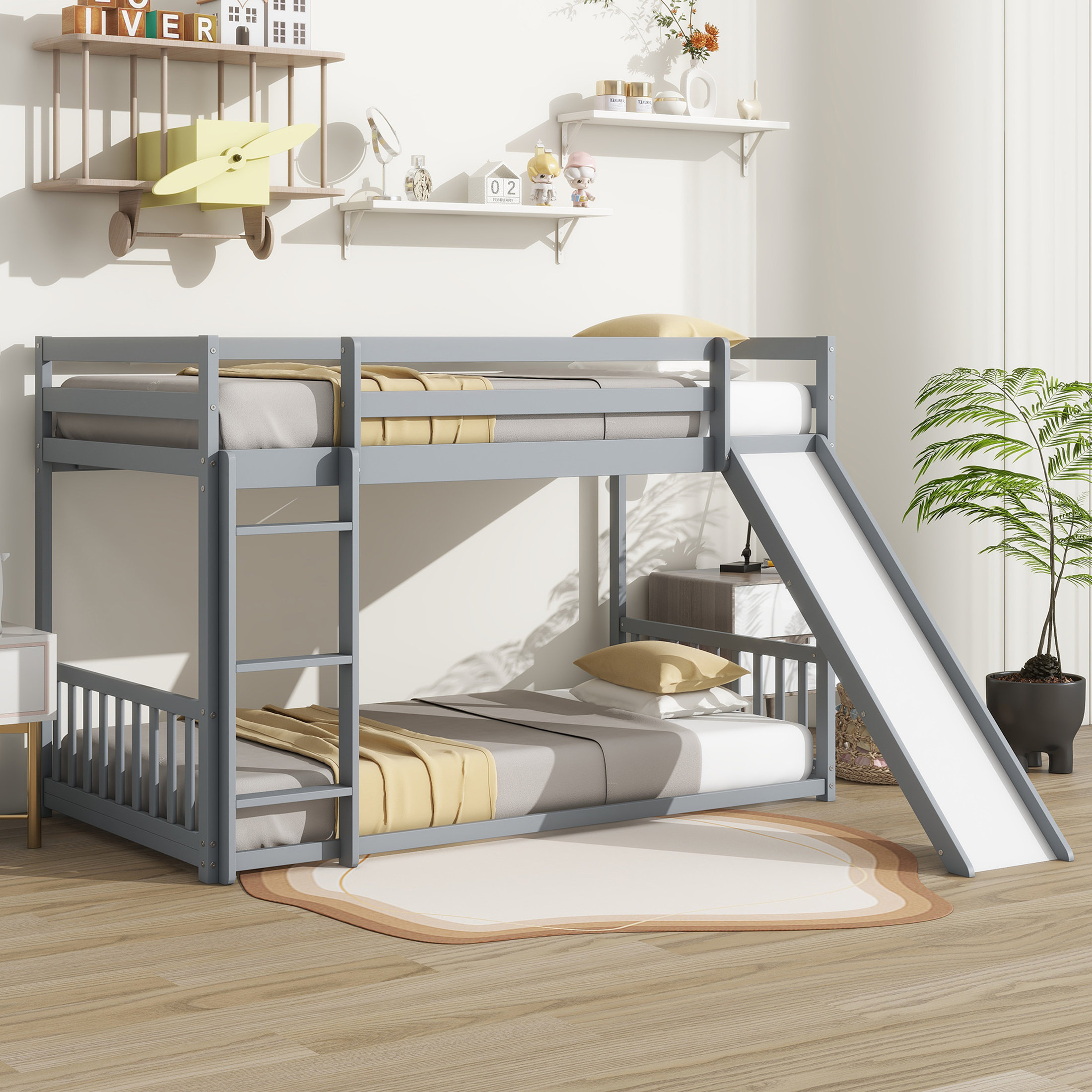 Harriet Bee Twin Over Twin Floor Bunk Bed With Slide, Ladder, Door ...