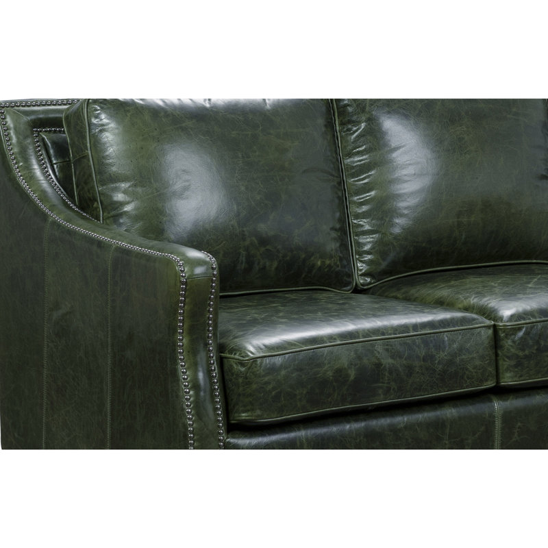 Wildon Home® Asmunn 81” Distressed Green Top Grain Leather Sloped Arm ...