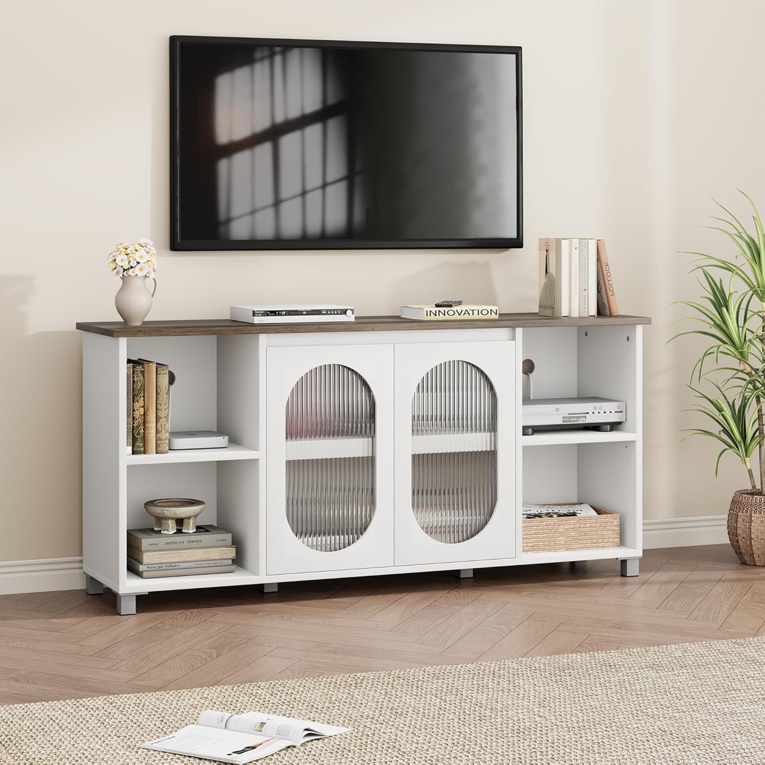 Latitude Run® 71" Farmhouse TV Stand with Corrugated Glass Doors & 3 ...