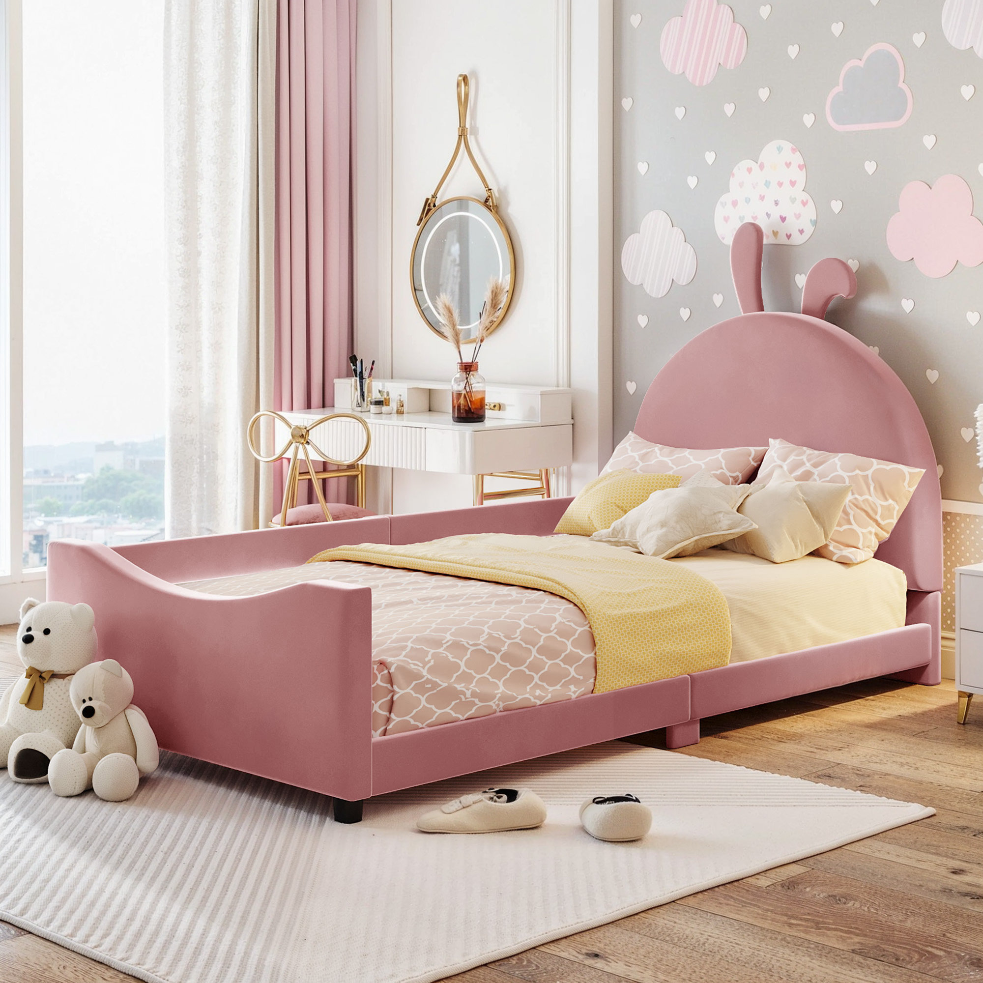 Zoomie Kids Twin Size Upholstered Daybed With Rabbit Ear Shaped ...