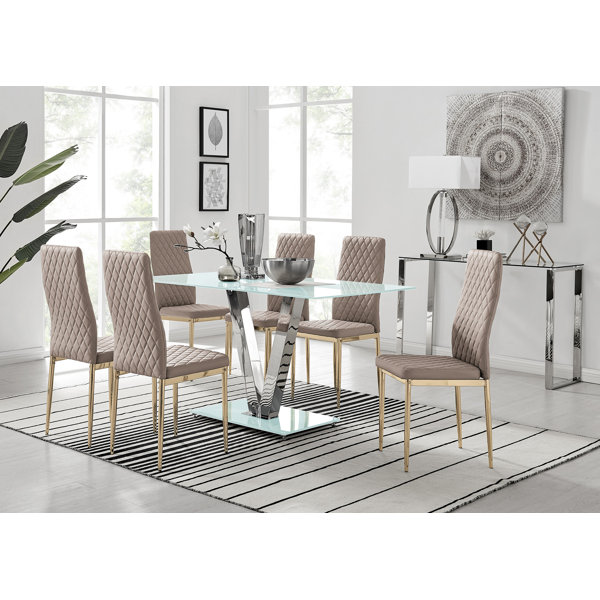 Canora Grey Eubanks White Dining Table And 6 Cappuccino Gold Leg Chairs ...