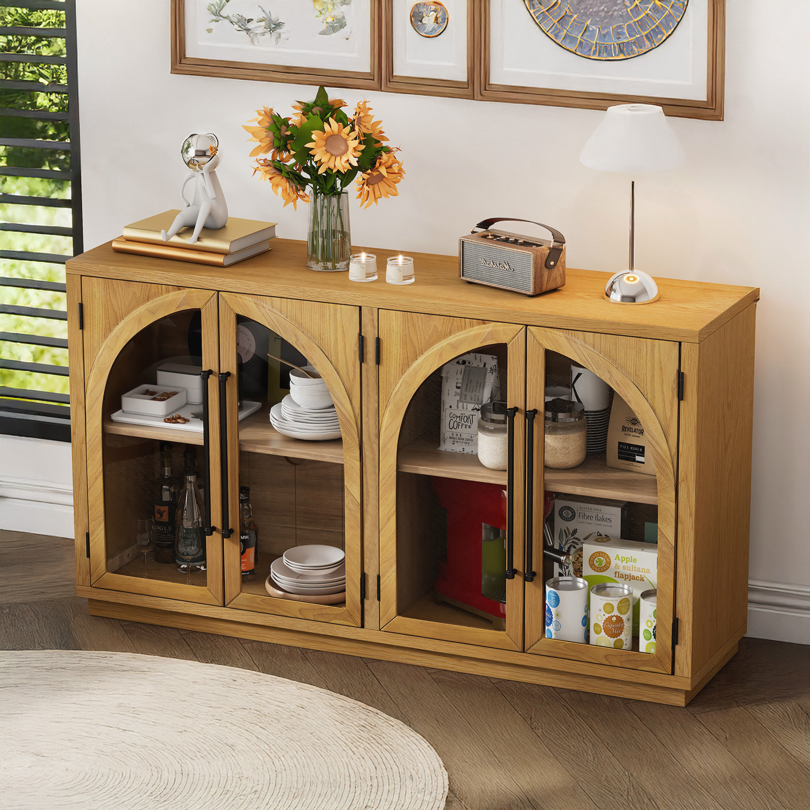 Ebern Designs 4-Door Arched Buffet Cabinet with Glass Doors and Adjustable Shelves | Wayfair