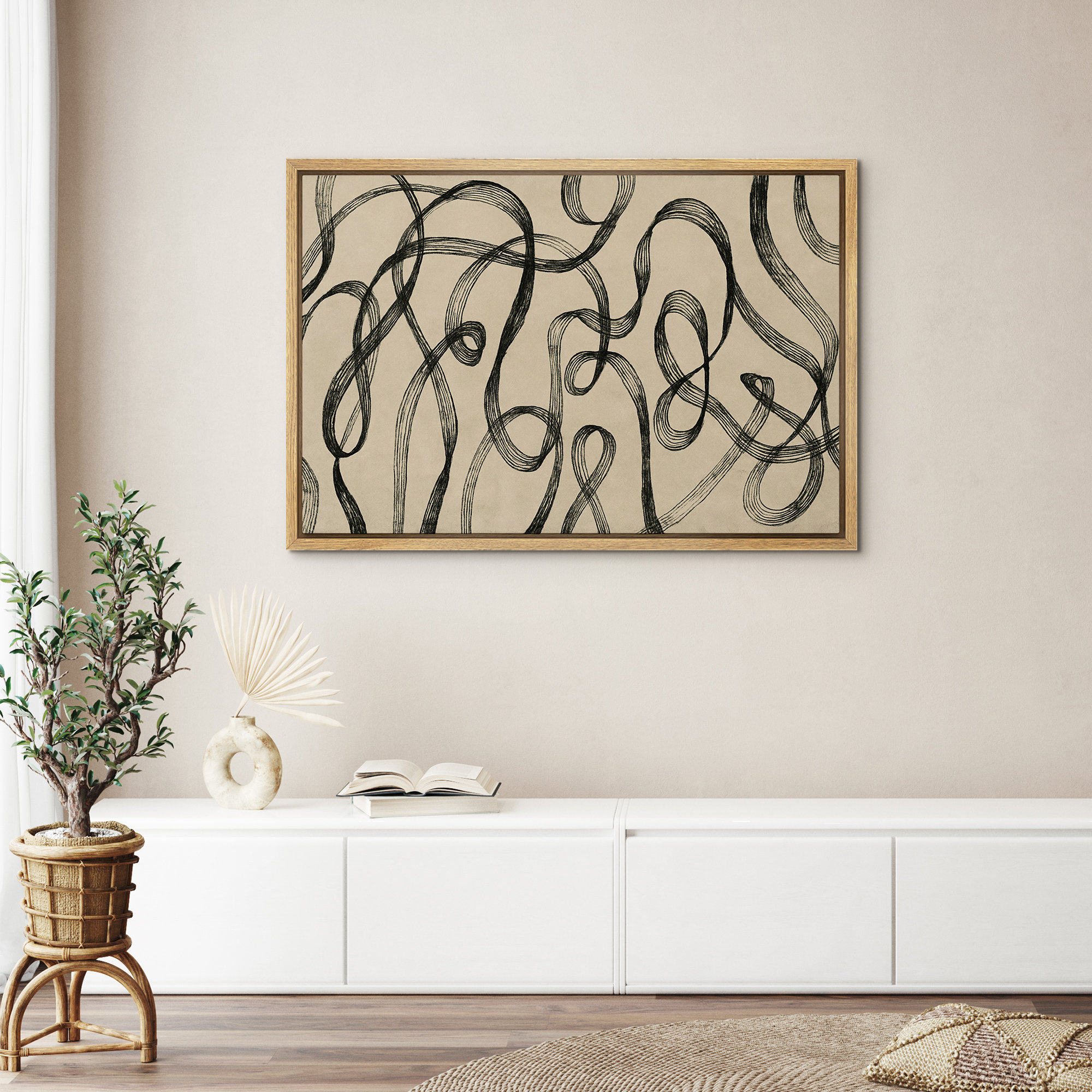 wall26 Abstract Line Art on Beige - Modern Scribble Pattern Wall Decor, Framed Minimalist ...