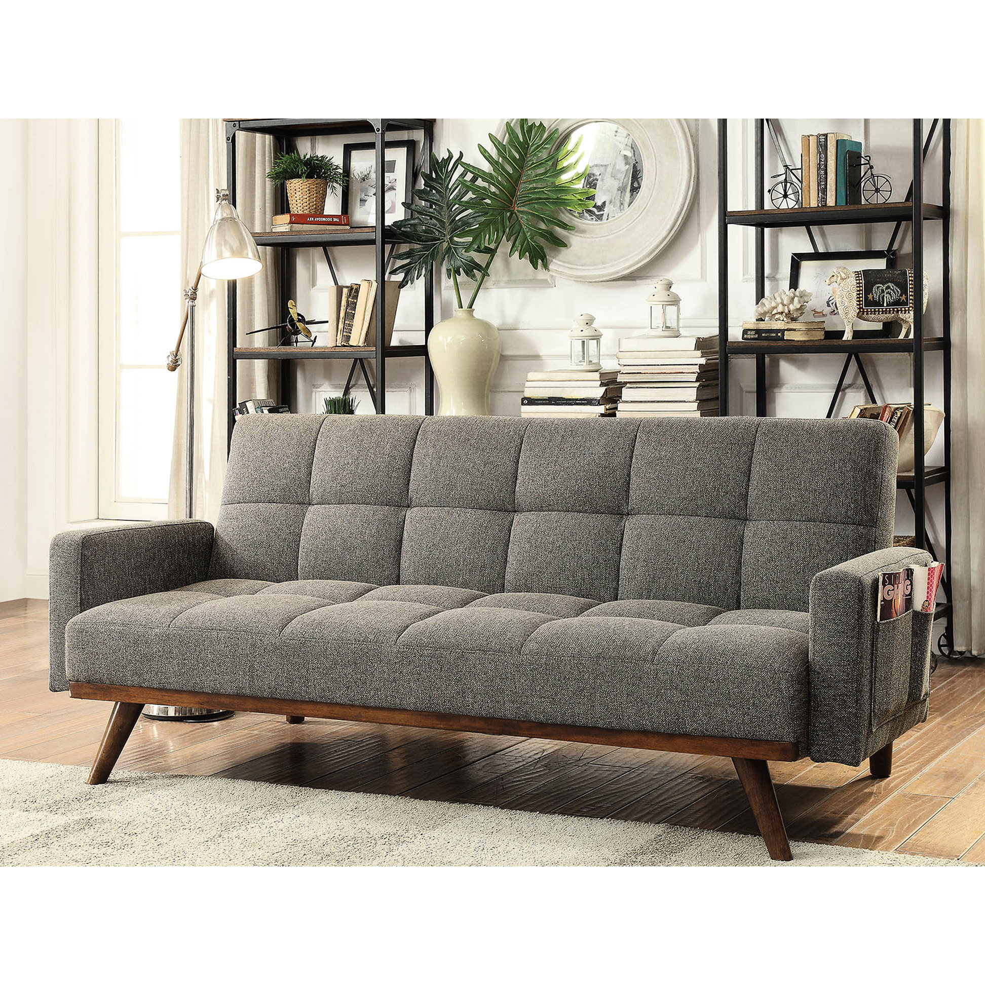 George Oliver Transitional Futon, Gray Linen Upholstery With Seat And ...