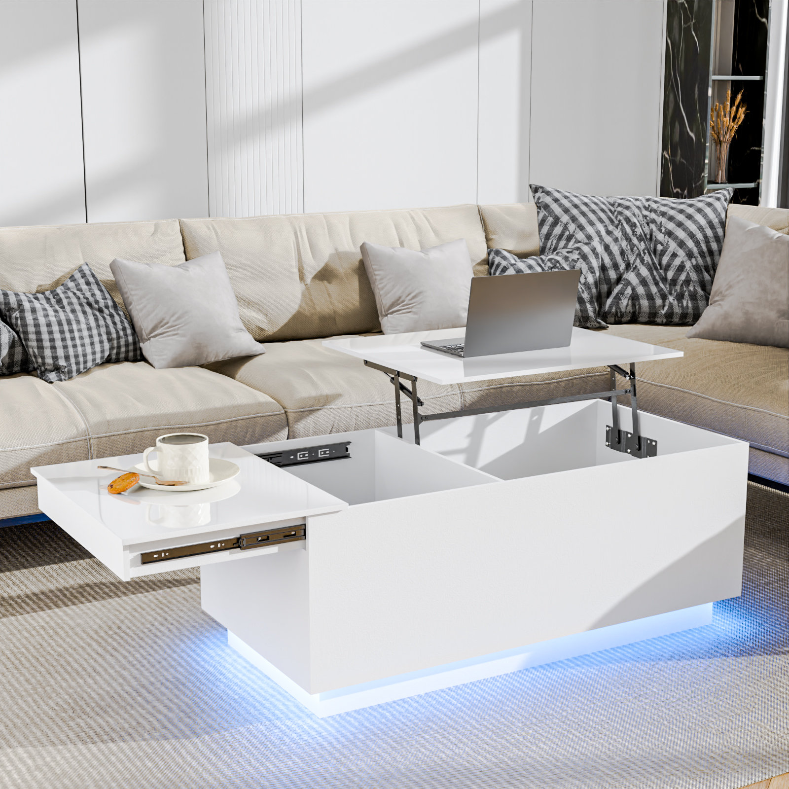 Ivy Bronx Lift Top Coffee Table With LED Light Strip And Charging ...
