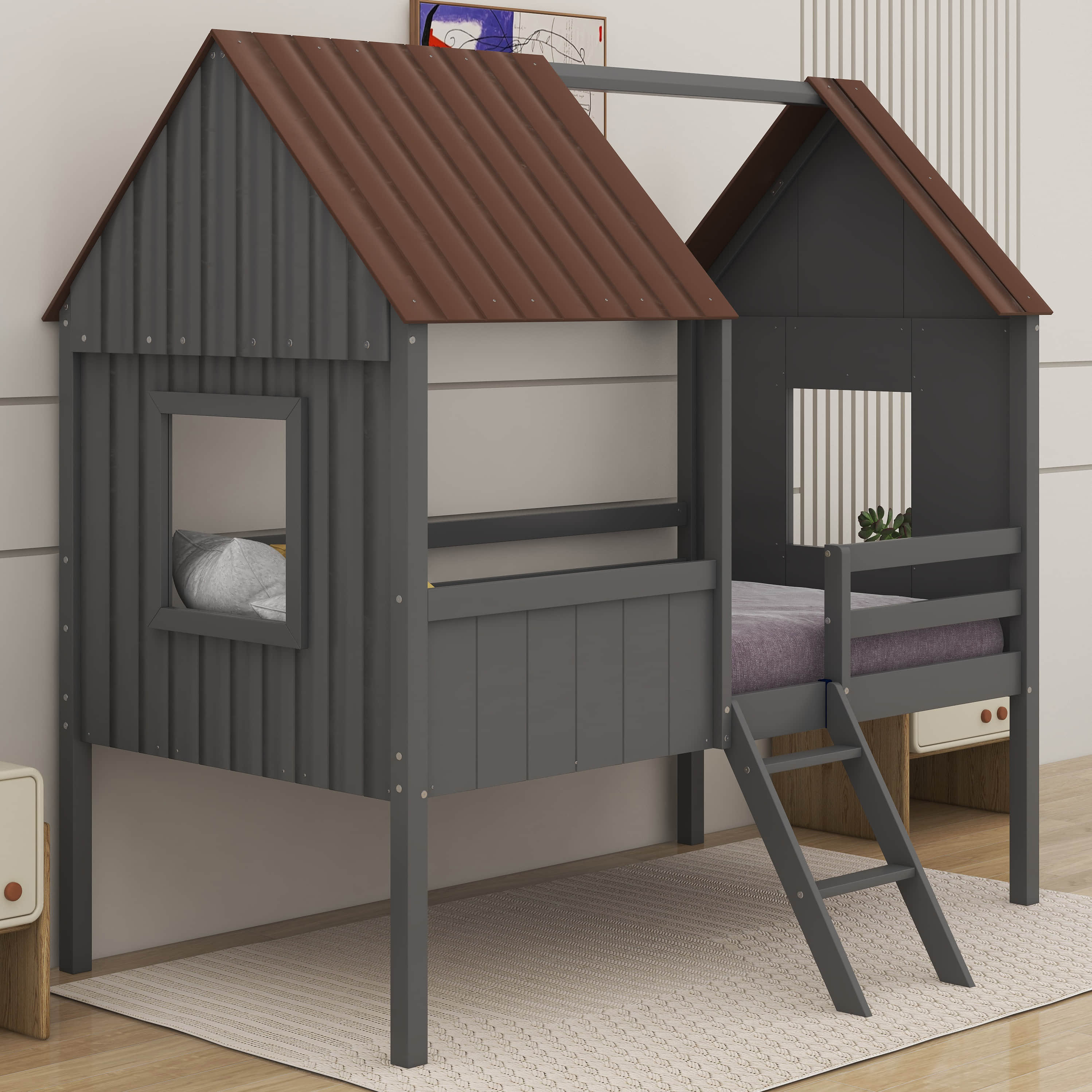 Harper Orchard Alexsander Twin Size Low Loft Wood House Bed With Two ...