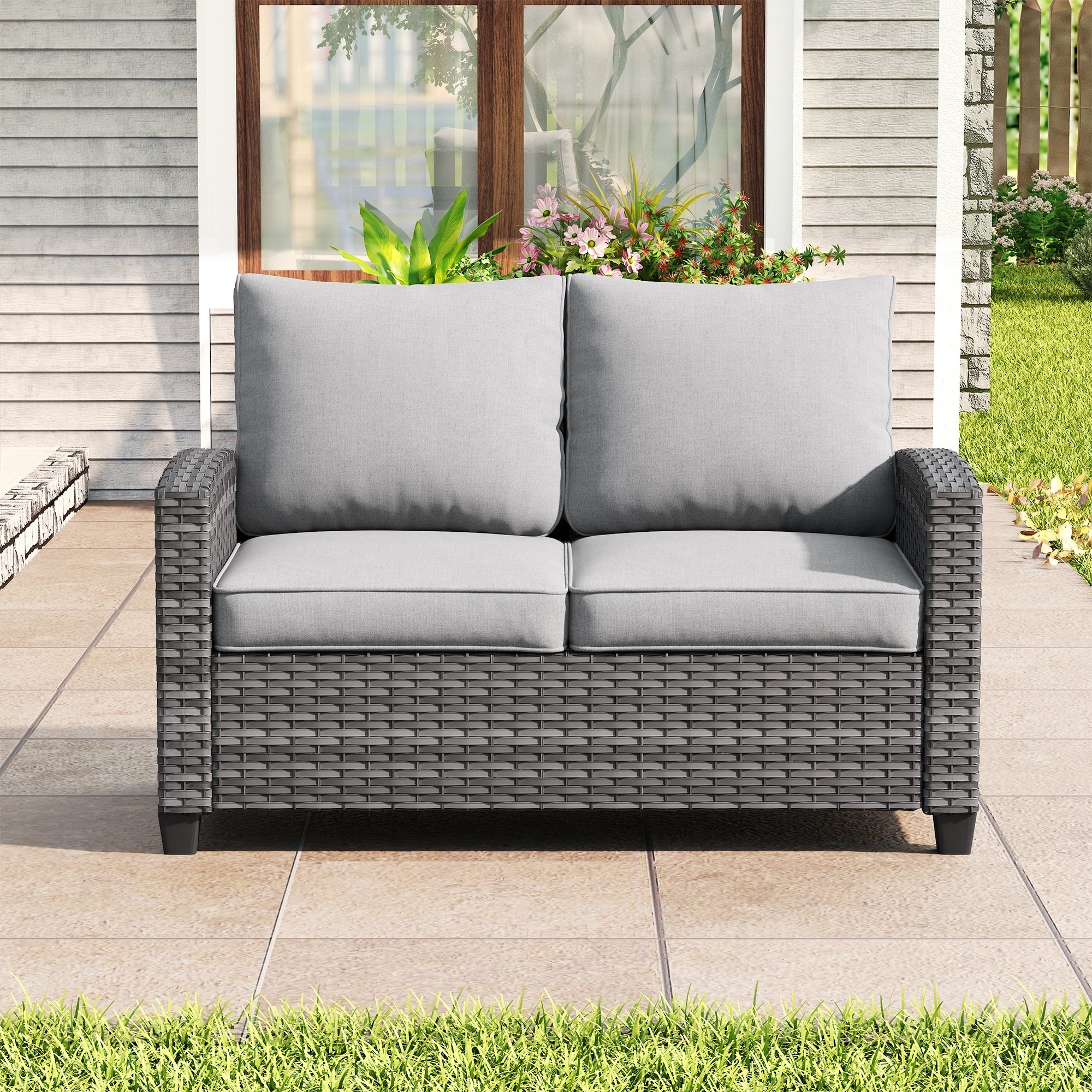 Winston Porter Patio Wicker Loveseat Sofa with Cushions & Reviews | Wayfair